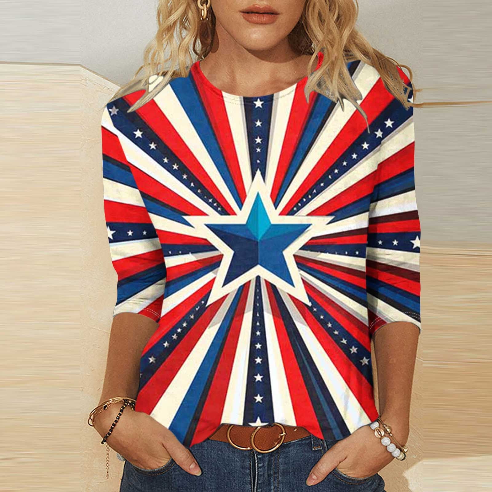 Cavosen American Flag Tops for Women Petite Patriotic 3/4 Sleeve Crew ...