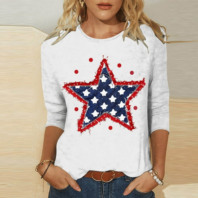 Cavosen American Flag Tops for Women Plus Size 4th of July 3/4 Sleeve ...