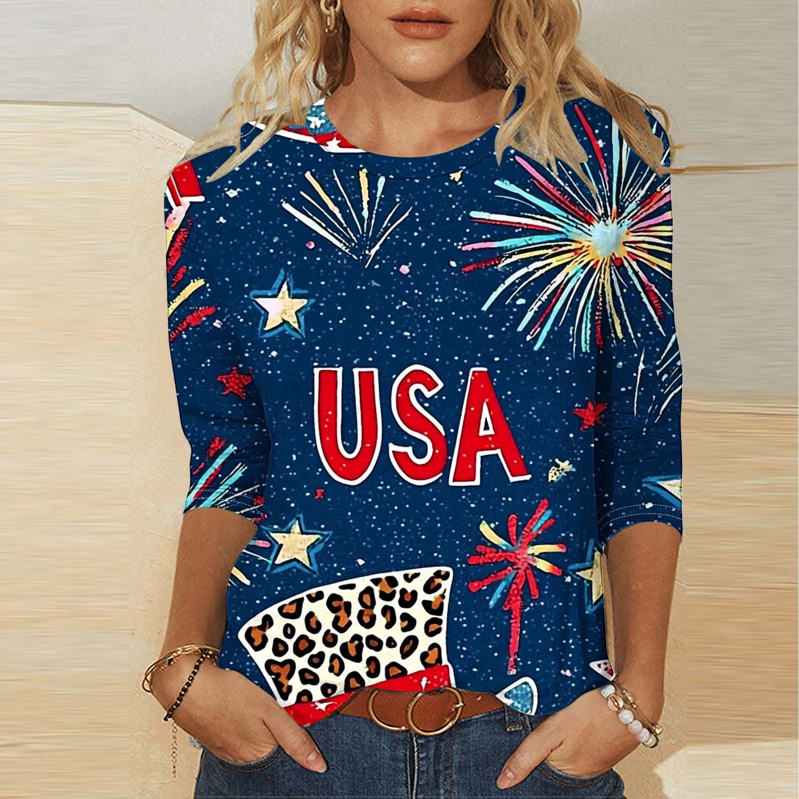 Cavosen American Flag Tops for Women Plus Size Patriotic 3/4 Sleeve ...