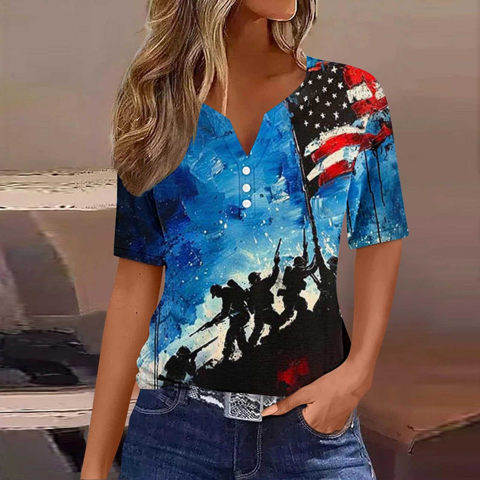 Cavosen American Flag Tops for Women Plus Size Patriotic Short Sleeve V ...