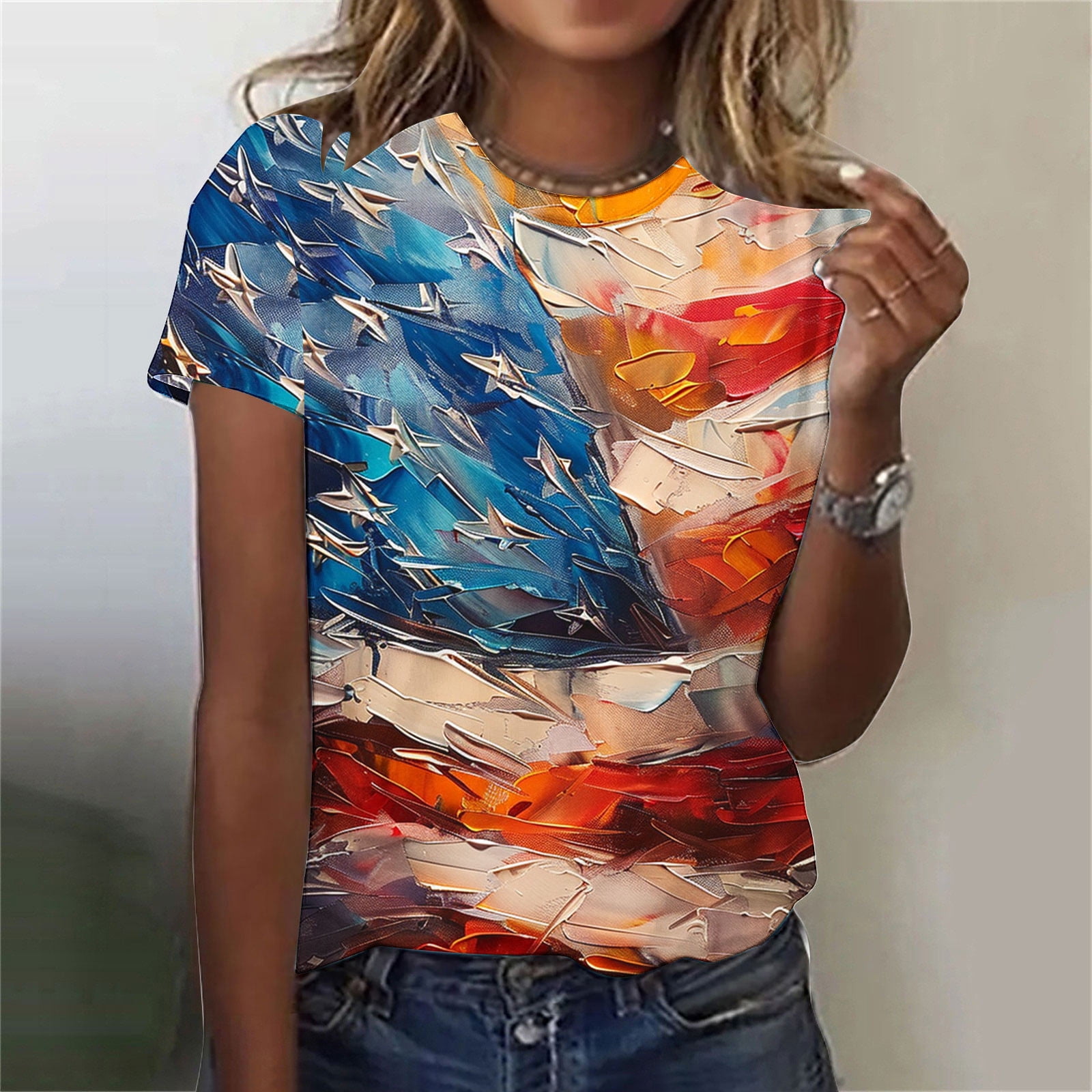 Cavosen American Flag Tops for Women Plus Size Red White and Blue Short ...