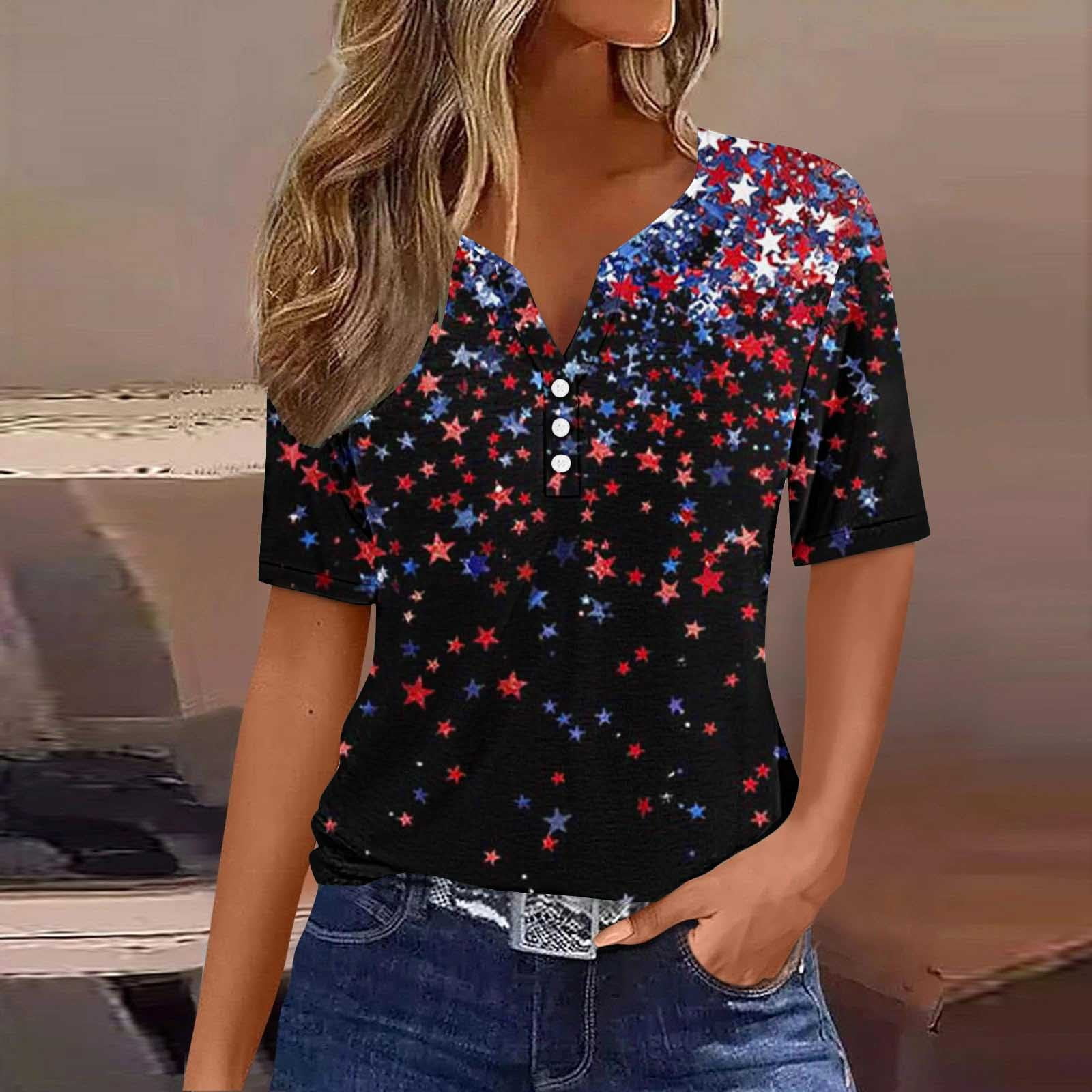 Cavosen American Flag Tops for Women Plus Size Red White and Blue Short ...