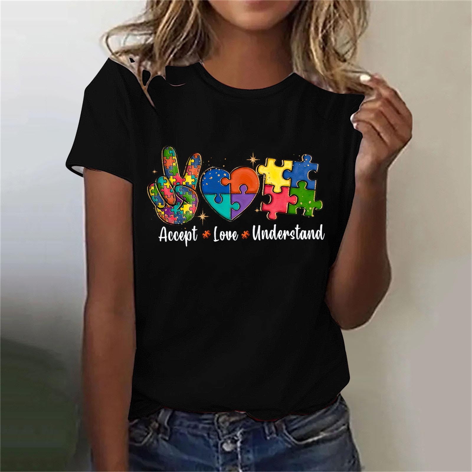 Cavosen Autism Awareness Day Short Sleeve Shirts for Women Plus Size ...