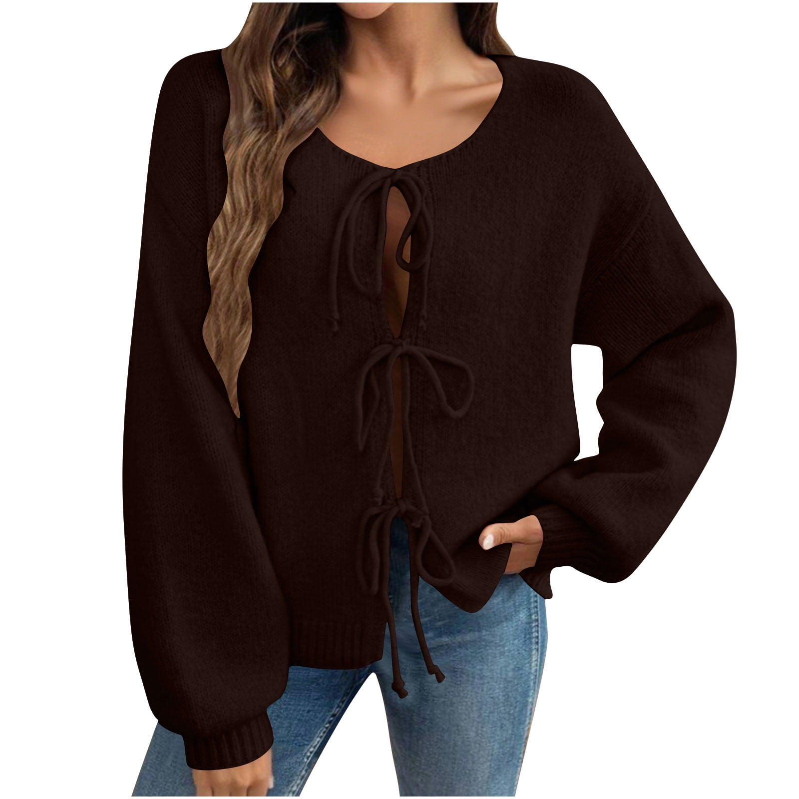 Cavosen Cardigan for Women Open Front Bow Cropped Outfits Long Sleeve ...