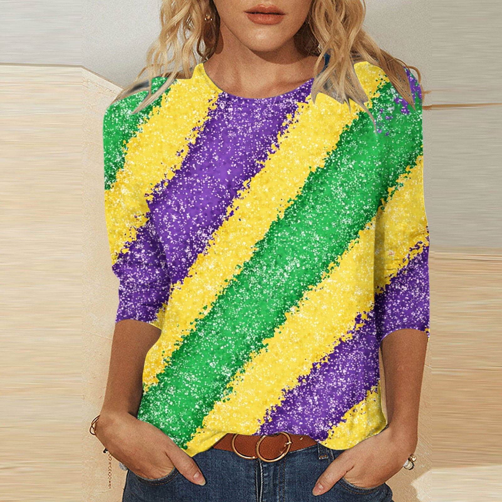 Cavosen Carnival 3/4 Sleeve Tops for Women Dressy Mardi Gras Color ...