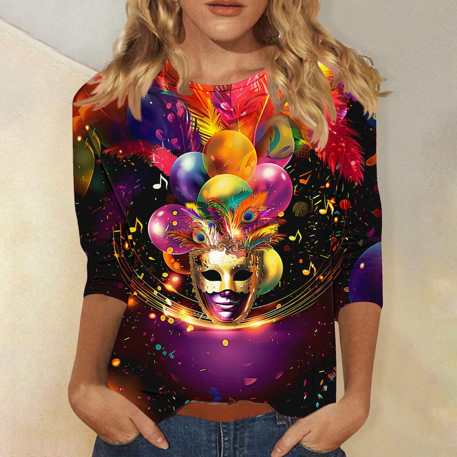 Cavosen Carnival Ladies Tops 3/4 Sleeve Mardi Gras Shiny Mask Graphic ...