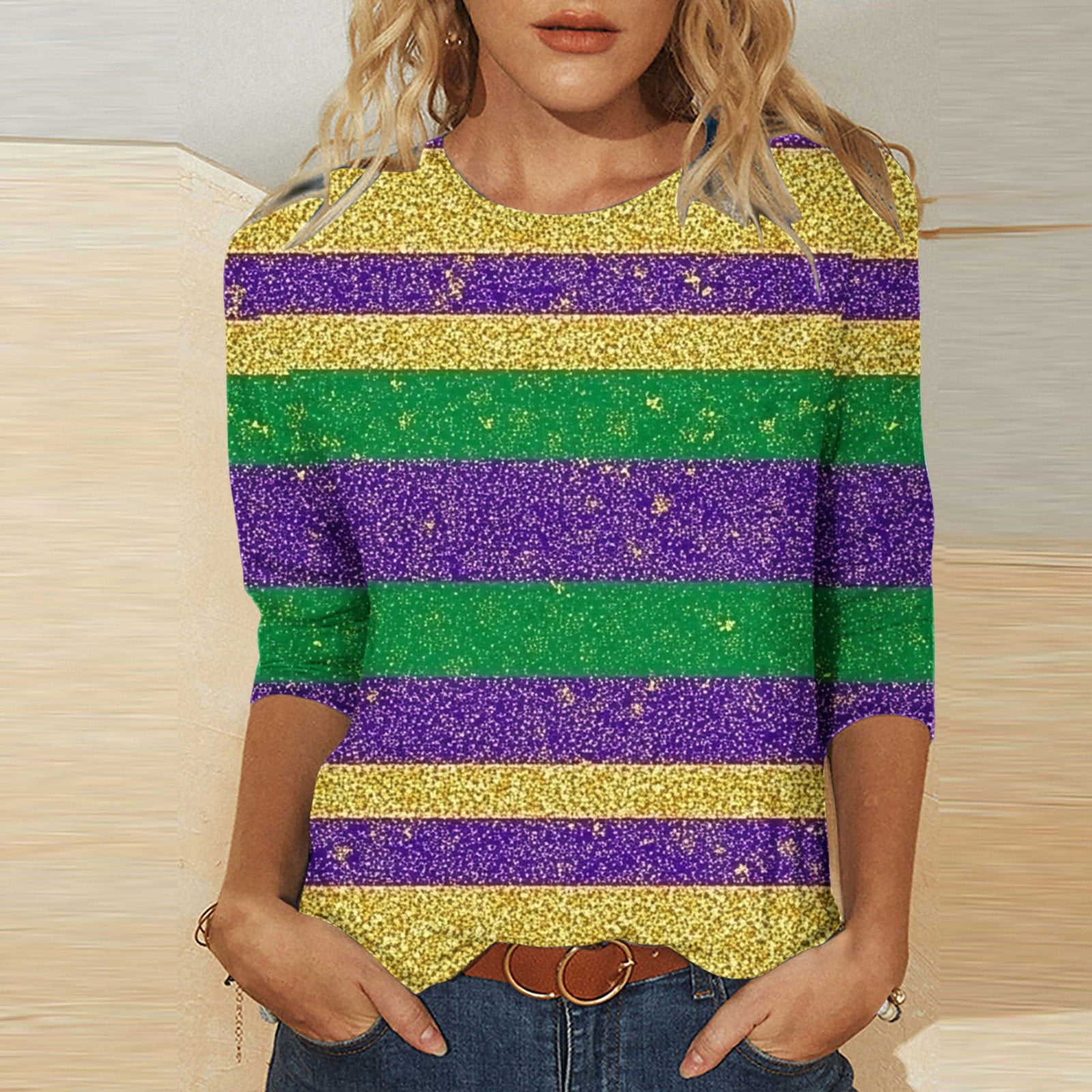 Cavosen Carnival Womens 3/4 Sleeve Tops Blouses Mardi Gras Color Block ...