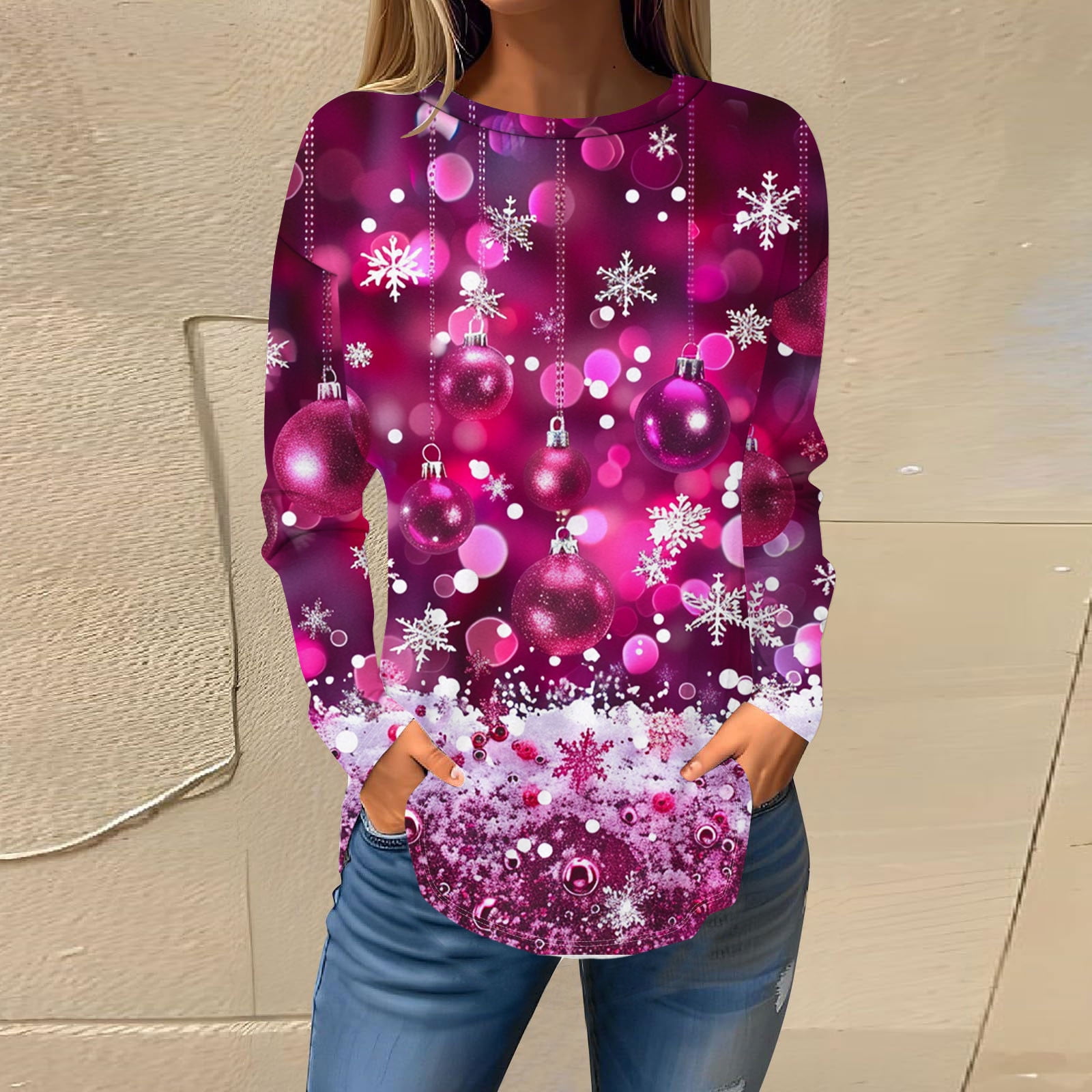 Cavosen Christmas Casual Blouses For Women Long Sleeve Xmas Snowflake