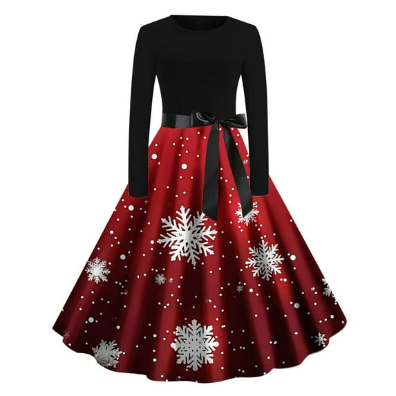 Cavosen Christmas Casual Wedding Guest Dress Crew Neck Long Sleeve Midi ...
