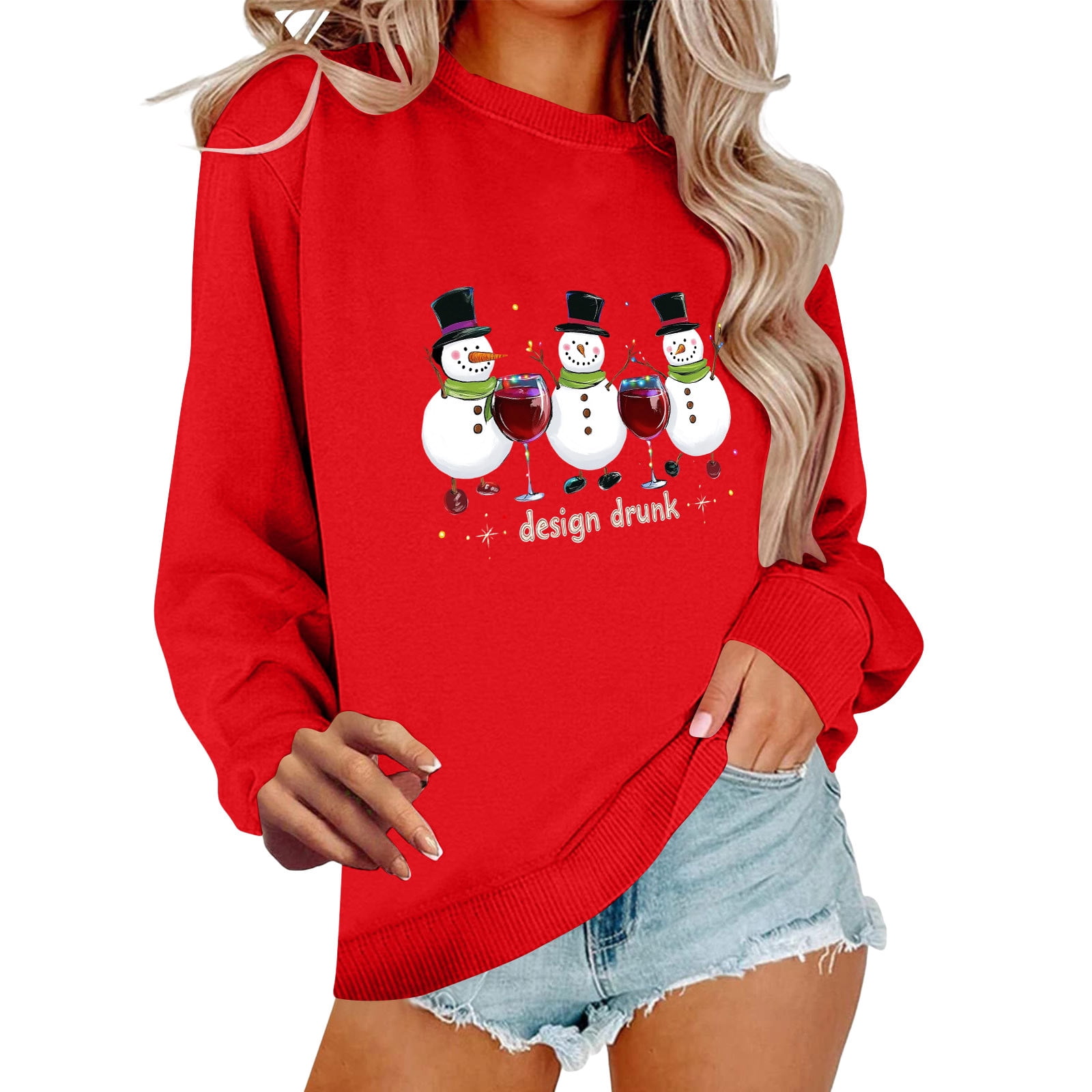Cavosen Christmas Graphic Tops for Women Crew Neck Long Sleeve Ugly ...