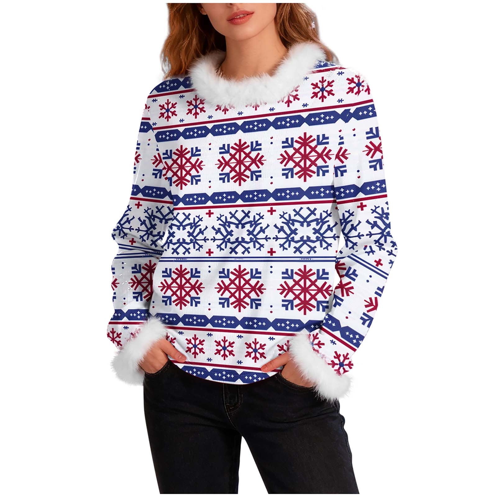 Cavosen Christmas Long Sleeve Blouses for Women Faux Collar Sweatshirt Brushed Rib Knit ...