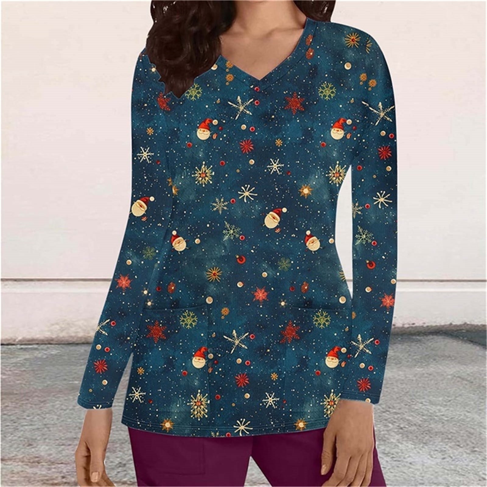 Cavosen Christmas Scrub Tops for Women Blue Long Sleeve V Neck ...