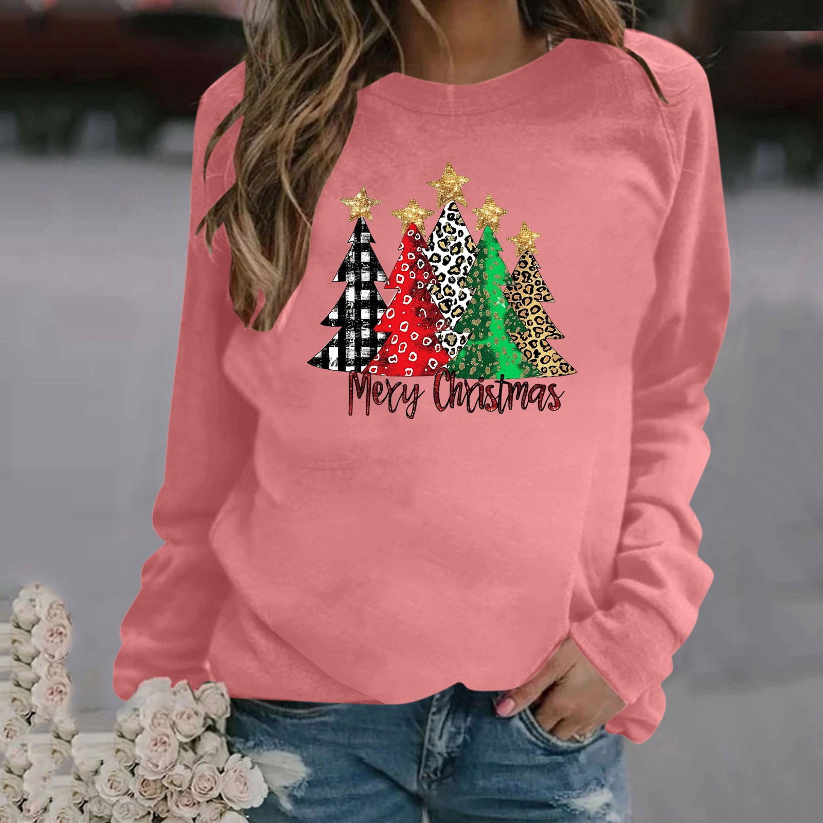 Cavosen Christmas Sweatshirts for Women Pullover Xmas Cute Tree Print ...