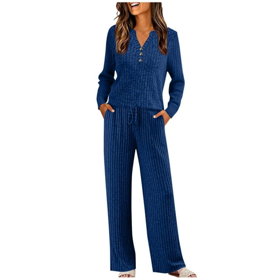 Dreluolixuan Comfy Lounge Sets for Women V Neck Button Down Long Sleeve ...