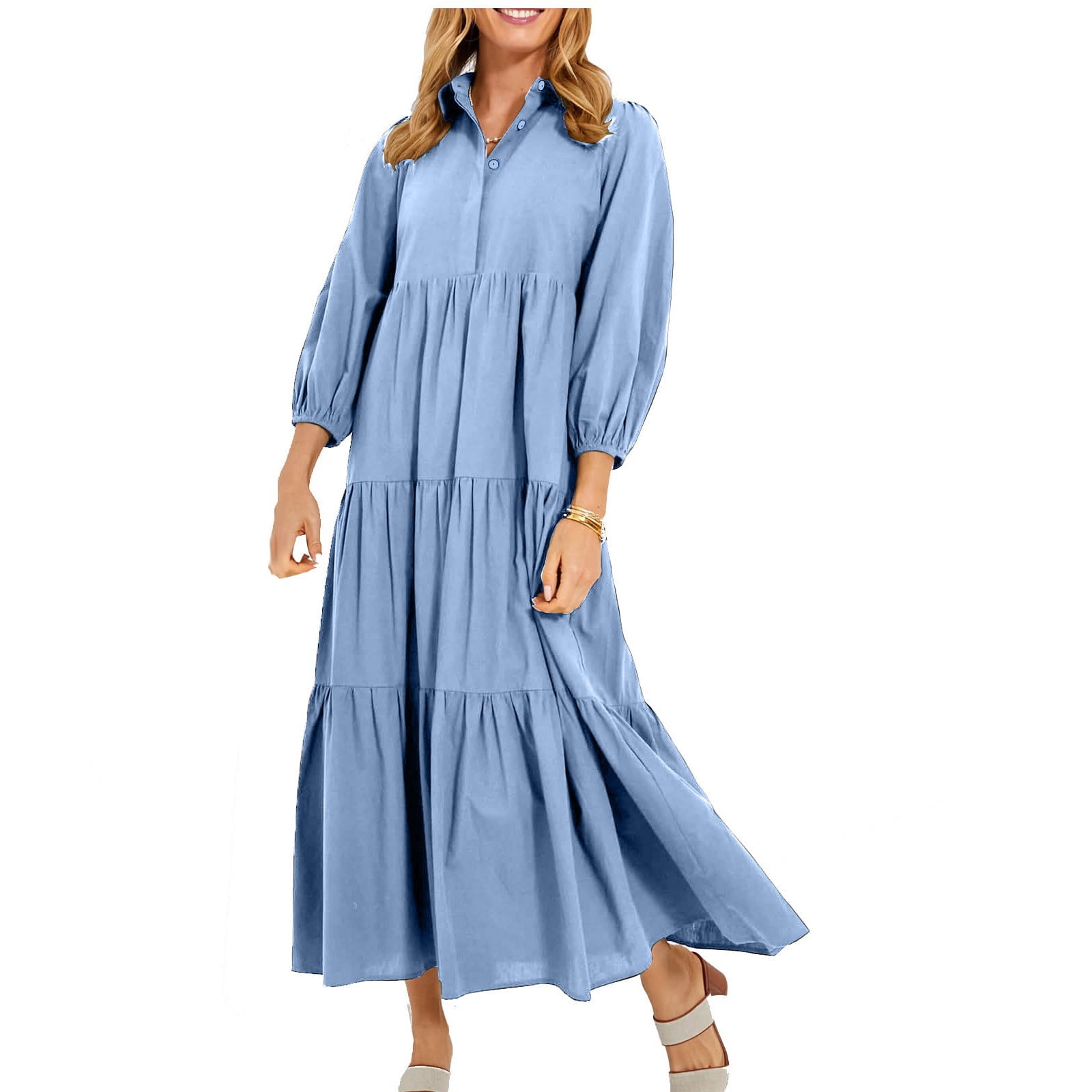 Cavosen Cute Dresses for Women Maxi Blue Puff Long Sleeve Fashion Dress ...