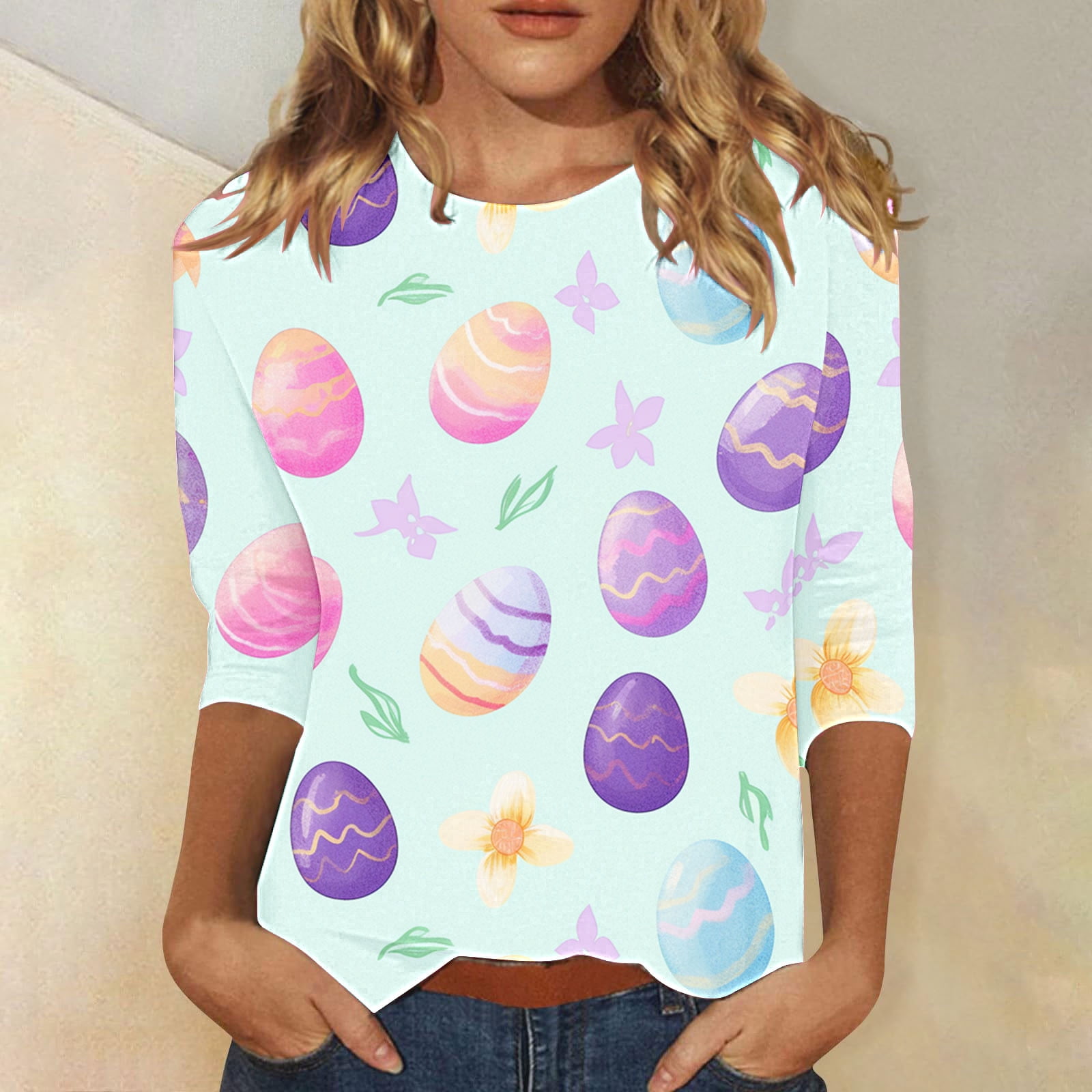 Cavosen Easter Day Flowing Women's Blouses 3/4 Length Sleeves Eggs ...
