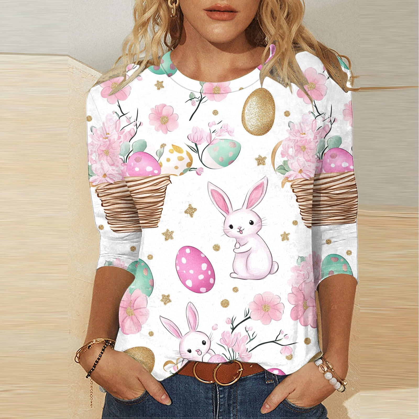 Cavosen Easter Day Women's Three Quarter Sleeve Tops and Blouses Bunny ...