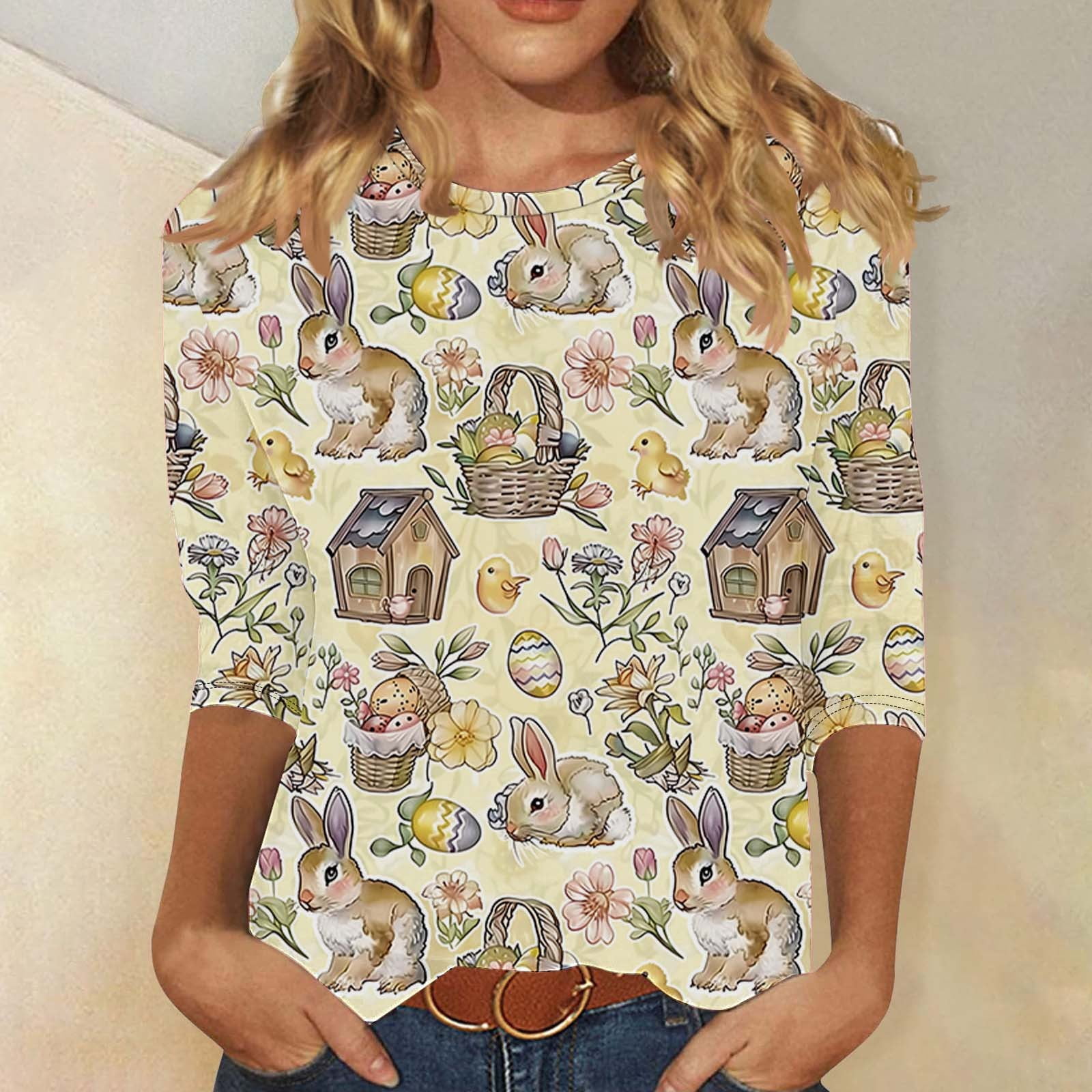 Cavosen Easter Day Womens Blouses Three Quarter Length Sleeves Bunny ...