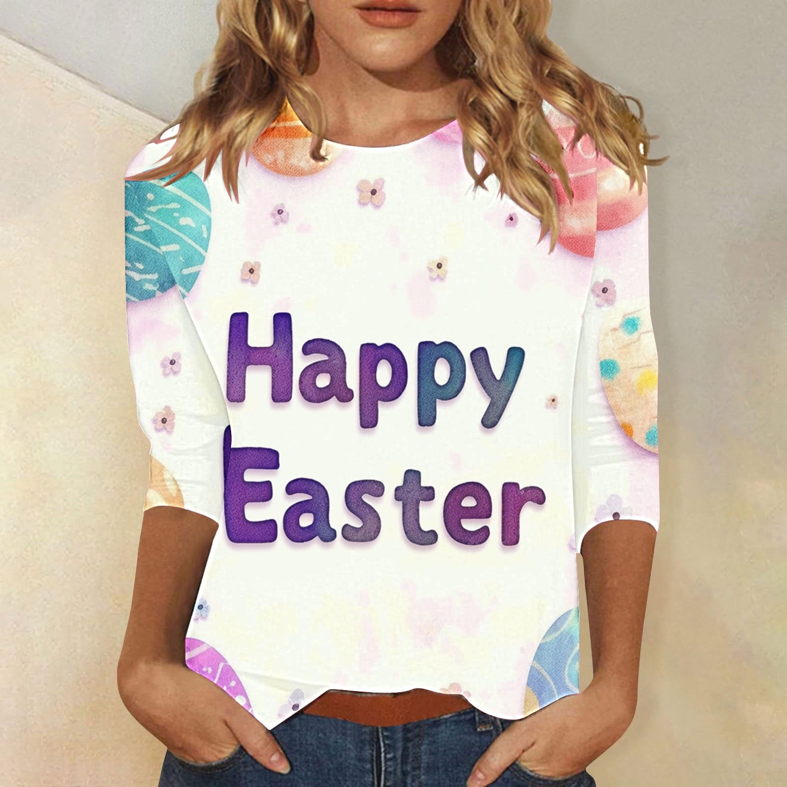 Cavosen Easter Day Womens Casual Tops 3/4 Sleeves Funny Letter Floral ...