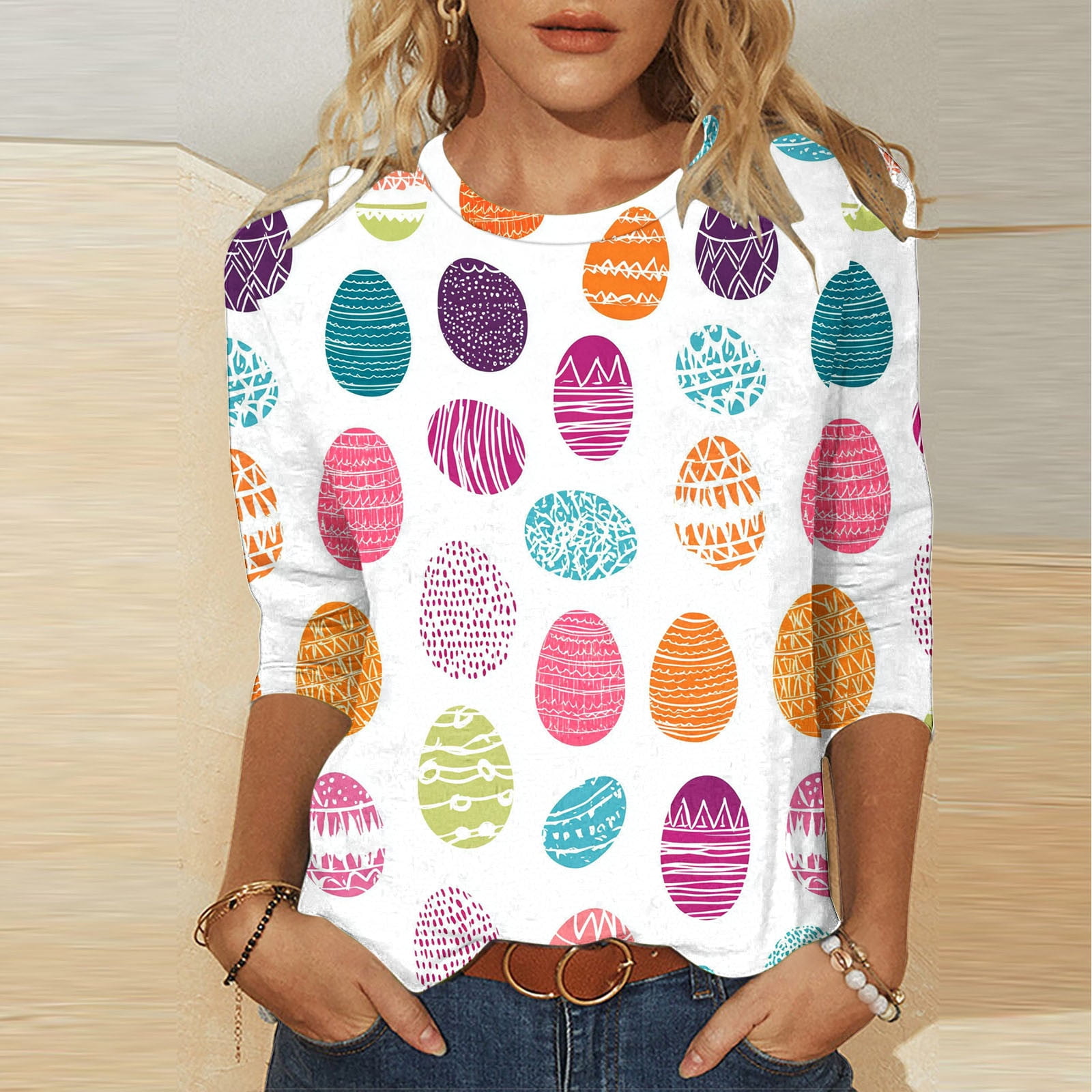 Cavosen Easter Day Womens Tops 3 4 Length Sleeve Crew Neck Eggs Graphic
