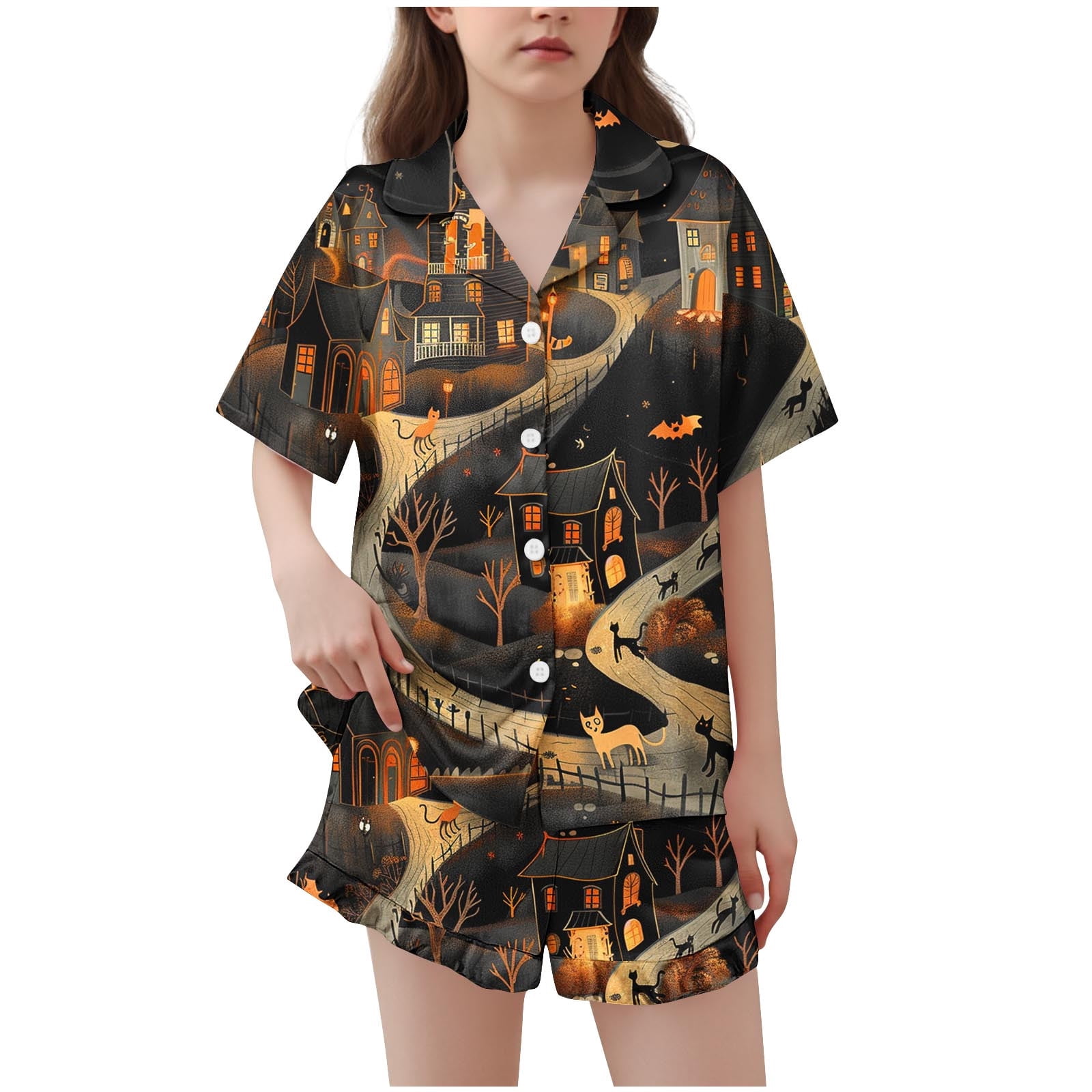 Cavosen Halloween Short Sleeve Pajamas for Kids Lapel Print Cute Soft ...