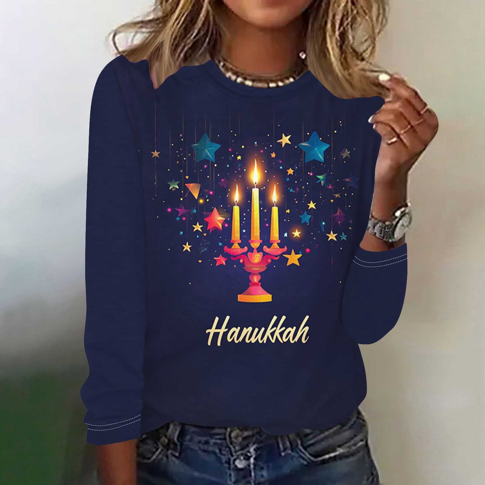 Cavosen Hanukkah Cute Shirts for Women Long Sleeve Chanukah Cute Candle ...