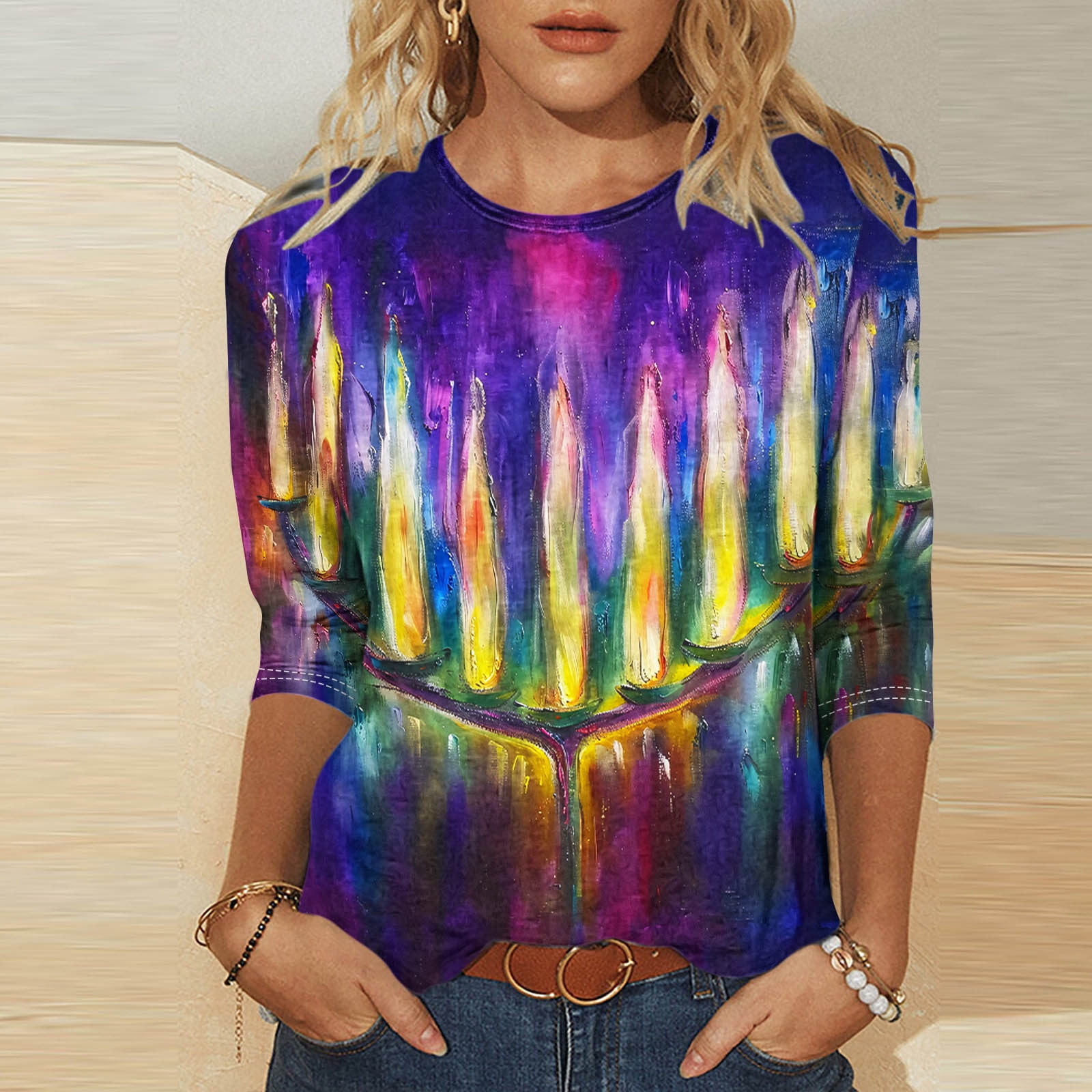 Cavosen Hanukkah Women's Tops 3/4 Sleeve Length Chanukah Cute Candle ...
