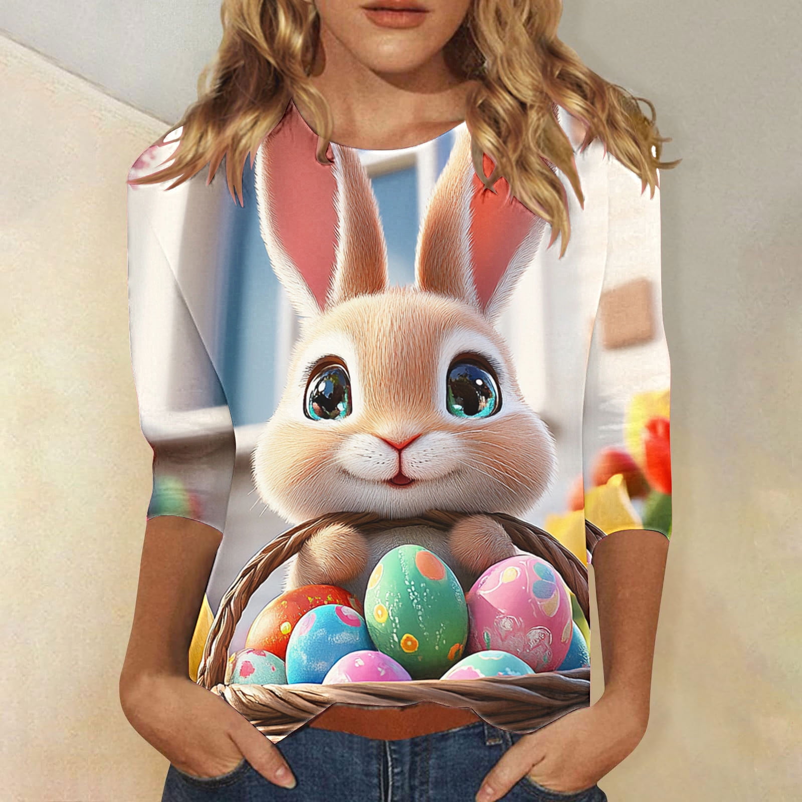 Cavosen Happy Easter 3/4 Length Sleeve Shirts for Women Bunny Eggs ...