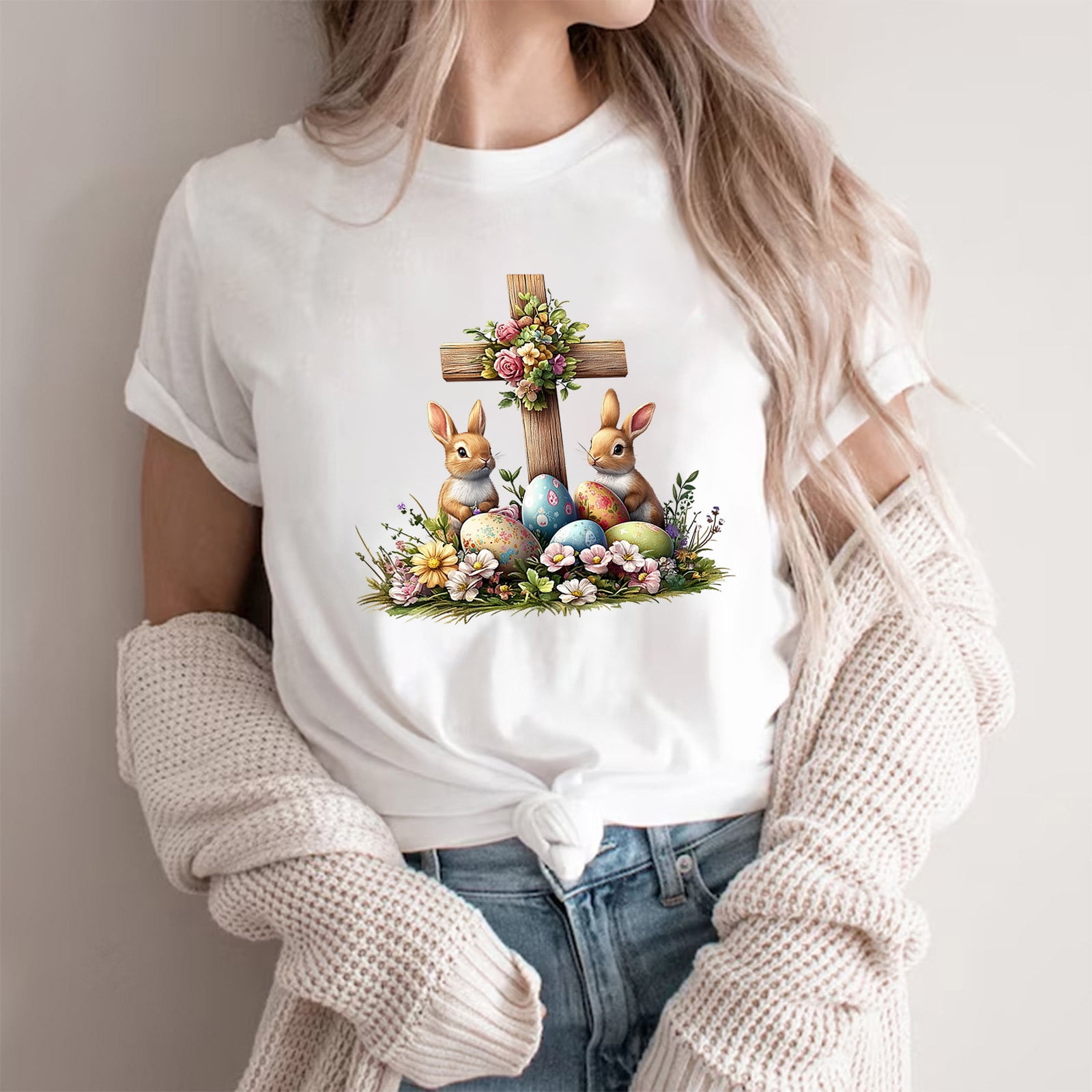 Cavosen Happy Easter Cute Womens Tops Short Sleeve Summer Eggs Blessed ...