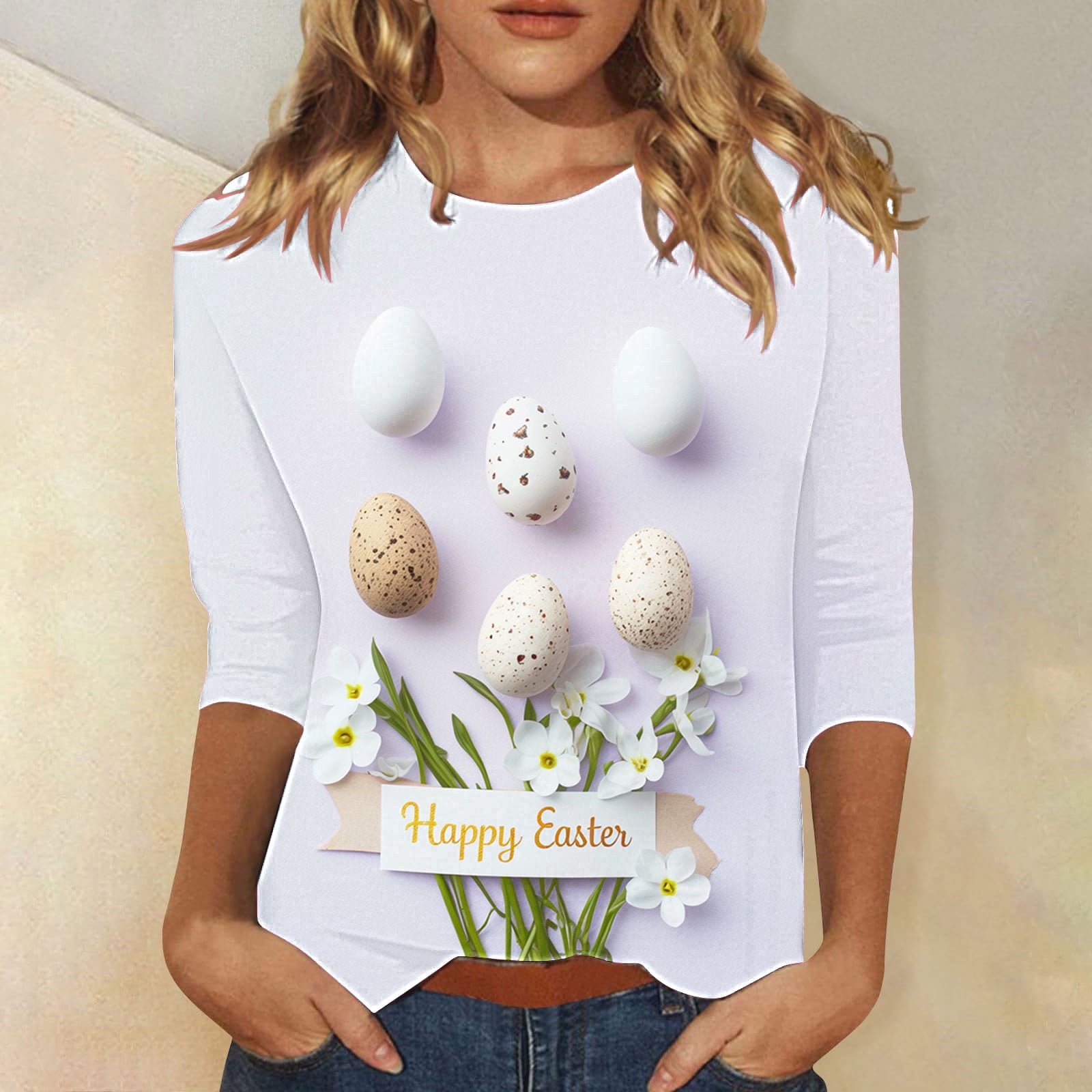 Cavosen Happy Easter Women's Three Quarter Sleeve Tops and Blouses Eggs ...