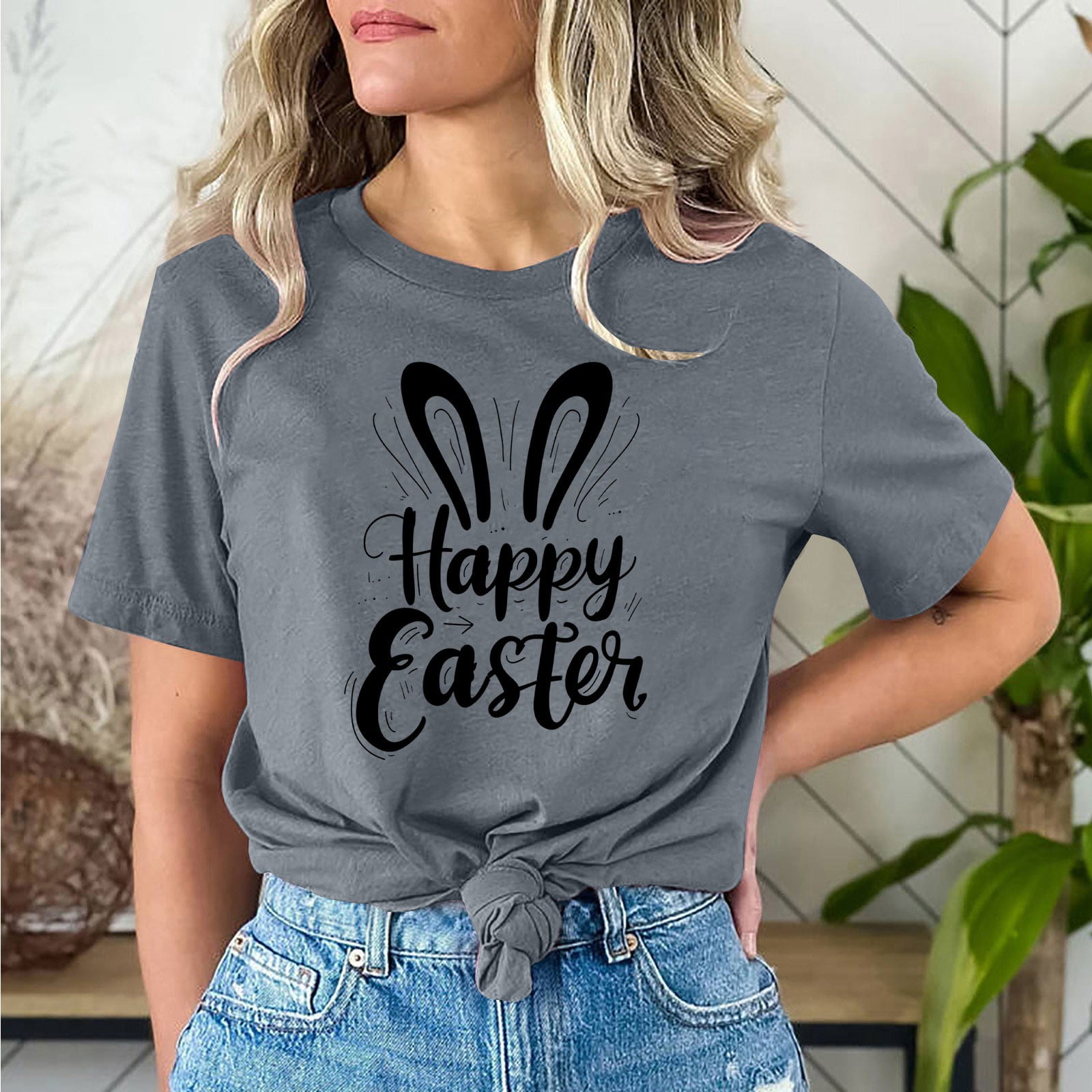 Cavosen Happy Easter Women's Tops Short Sleeve Tops Summer Bunny Funny Letter Print Pullover ...