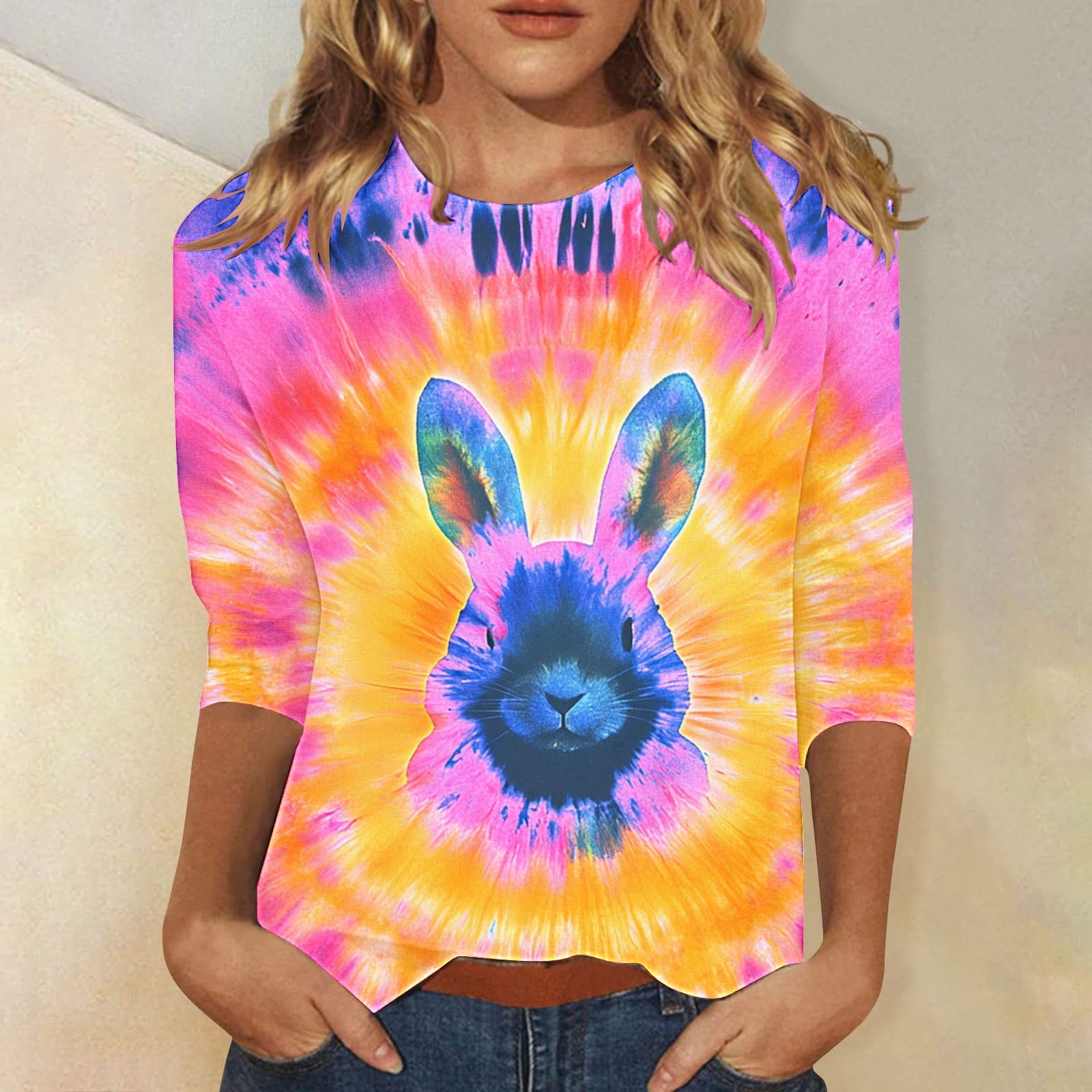 Cavosen Happy Easter Womens 3/4 Length Sleeve Tops Crew Neck Summer ...