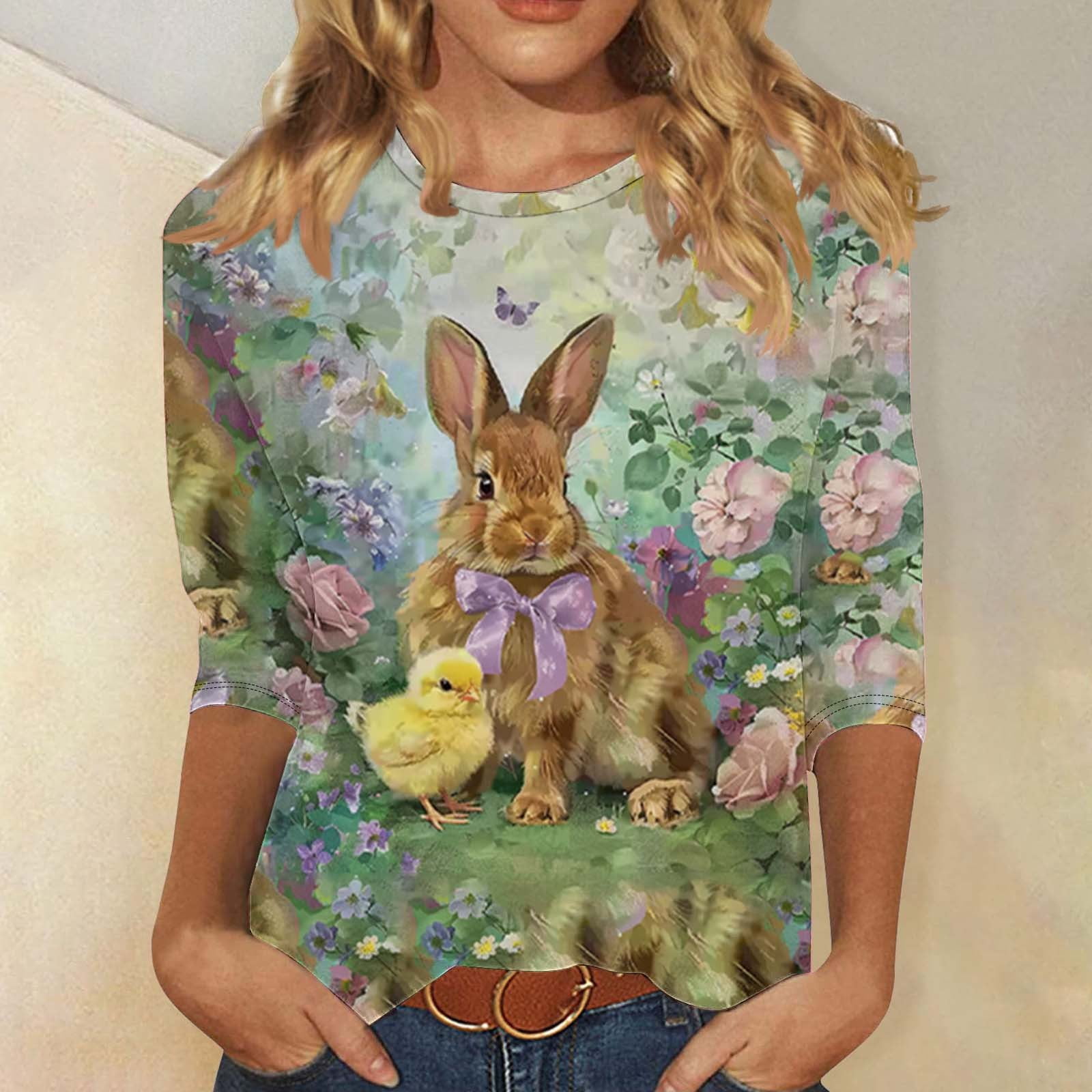 Cavosen Happy Easter Womens Blouses Three Quarter Length Sleeves Bunny ...