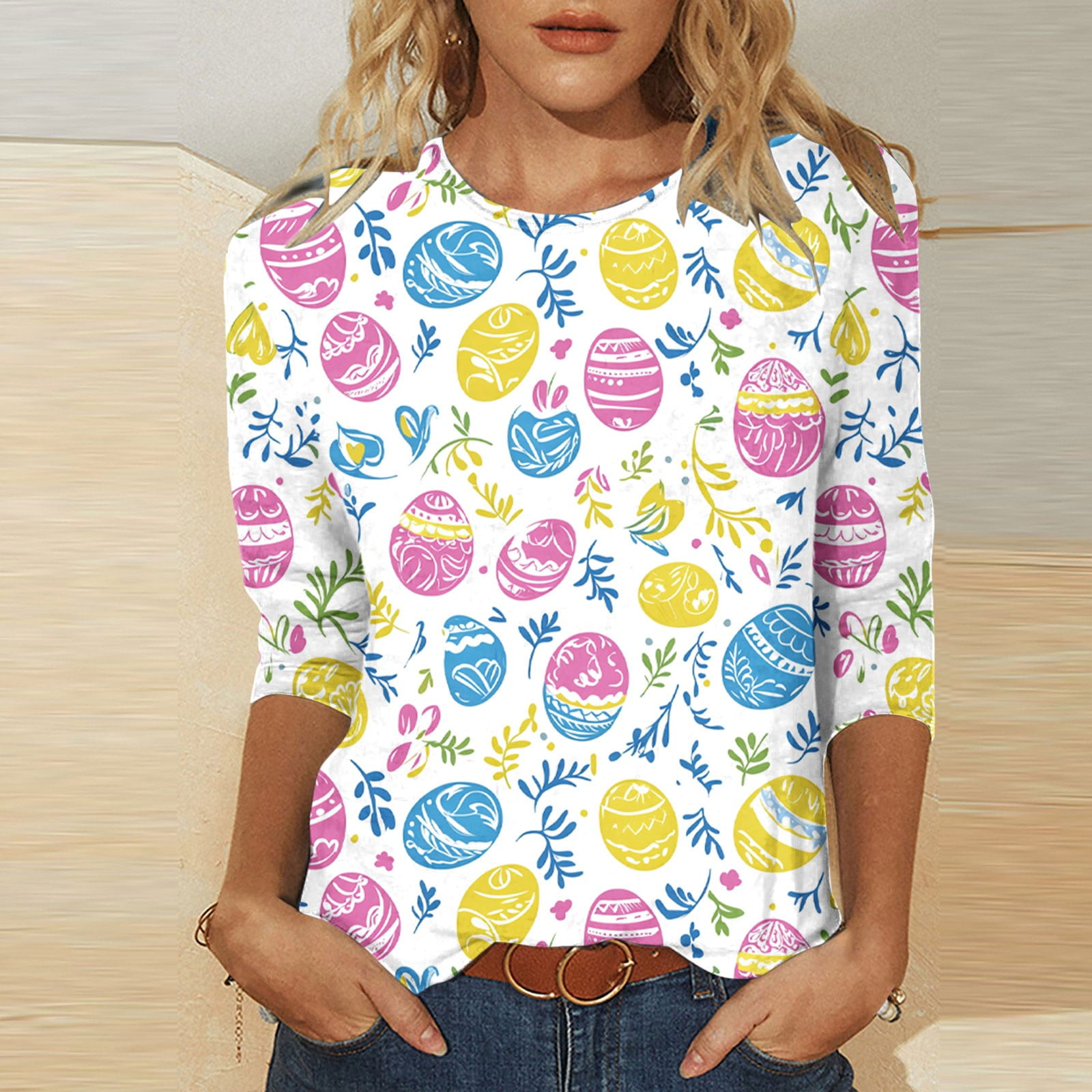 Cavosen Happy Easter Womens Blouses Three Quarter Length Sleeves Eggs ...