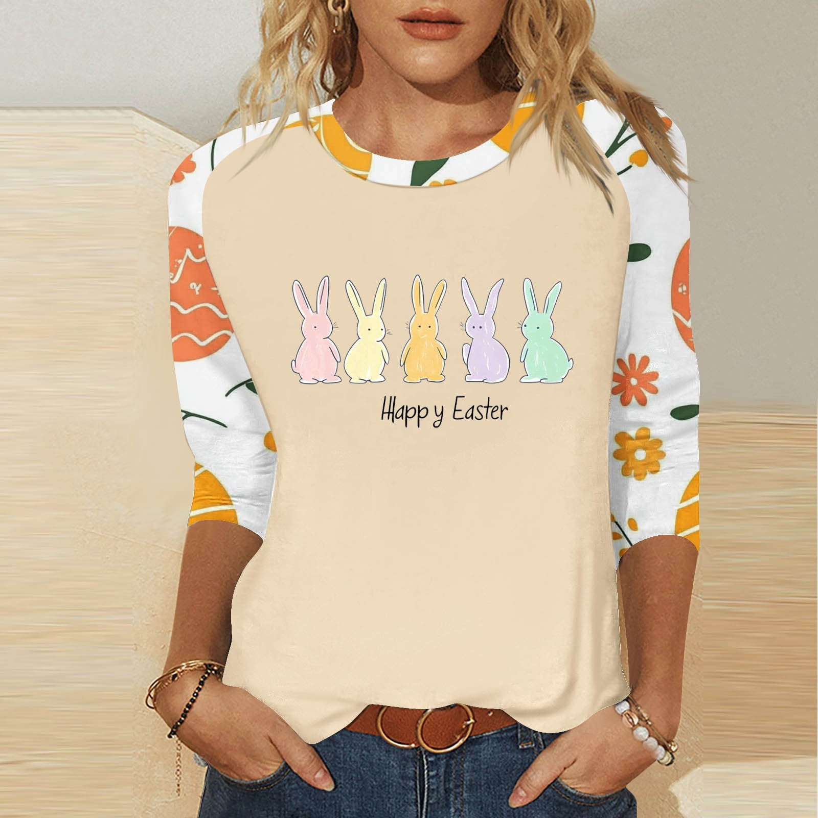 Cavosen Happy Easter Womens Shirts Three Quarters Sleeves Summer Bunny ...