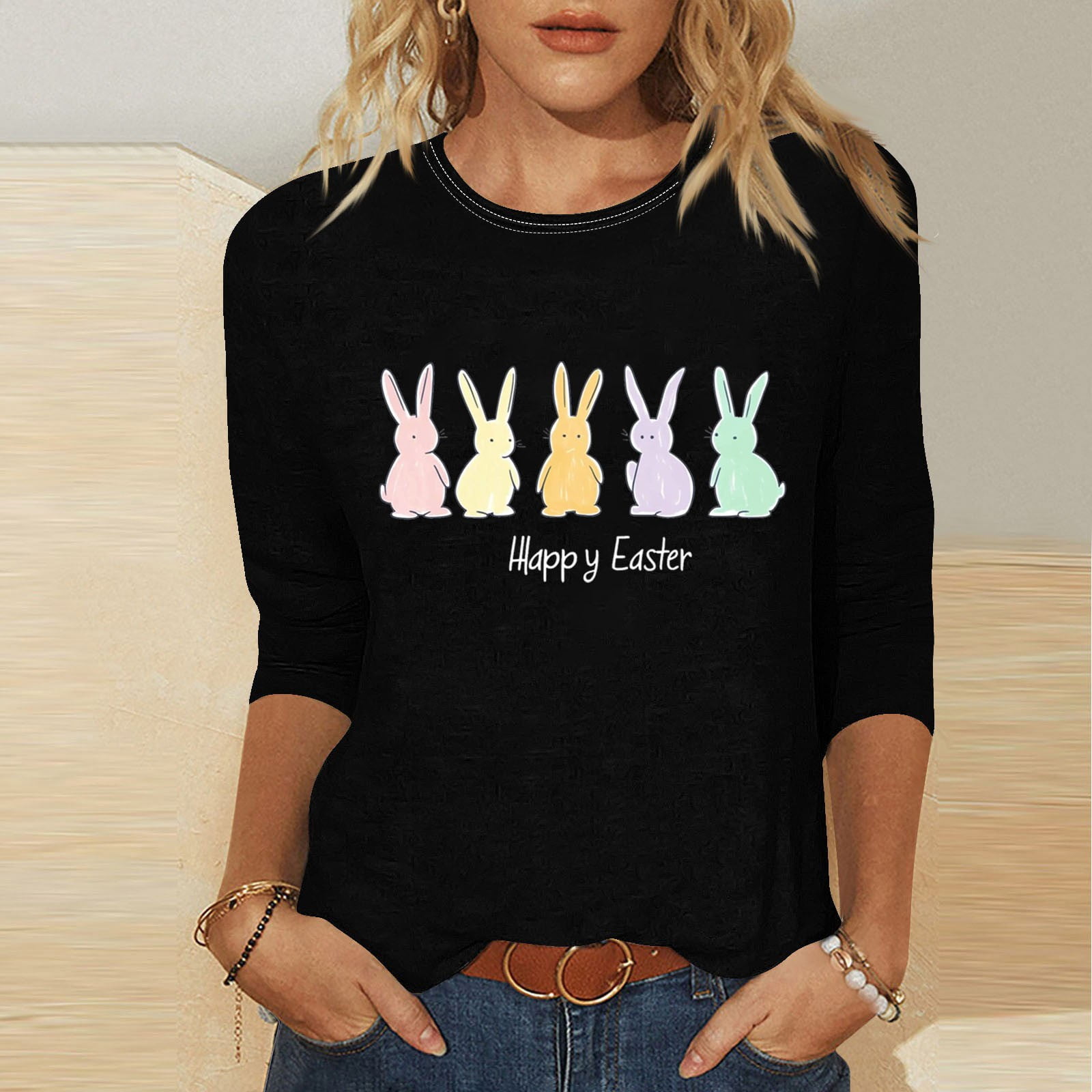 Cavosen Happy Easter Womens T Shirts Three Quarter Length Summer Bunny ...