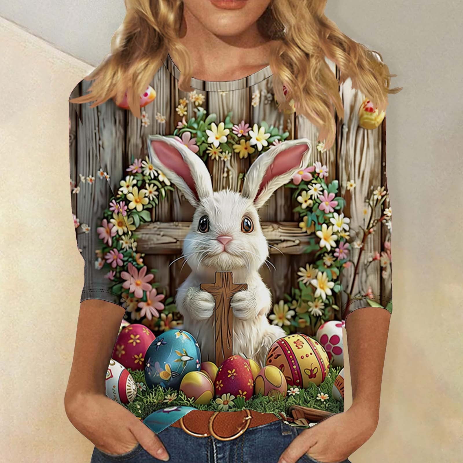Cavosen Happy Easter Womens Three Quarter Sleeve Tops Bunny Eggs Floral ...