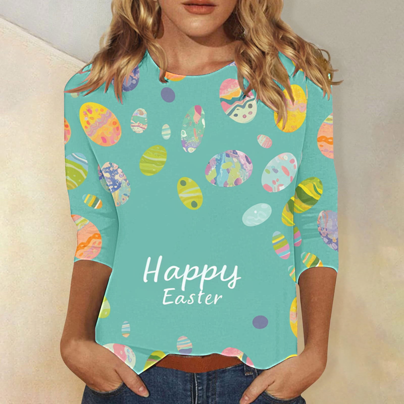 Cavosen Happy Easter Womens Tops 3/4 Sleeve Crew Neck Eggs Letter ...