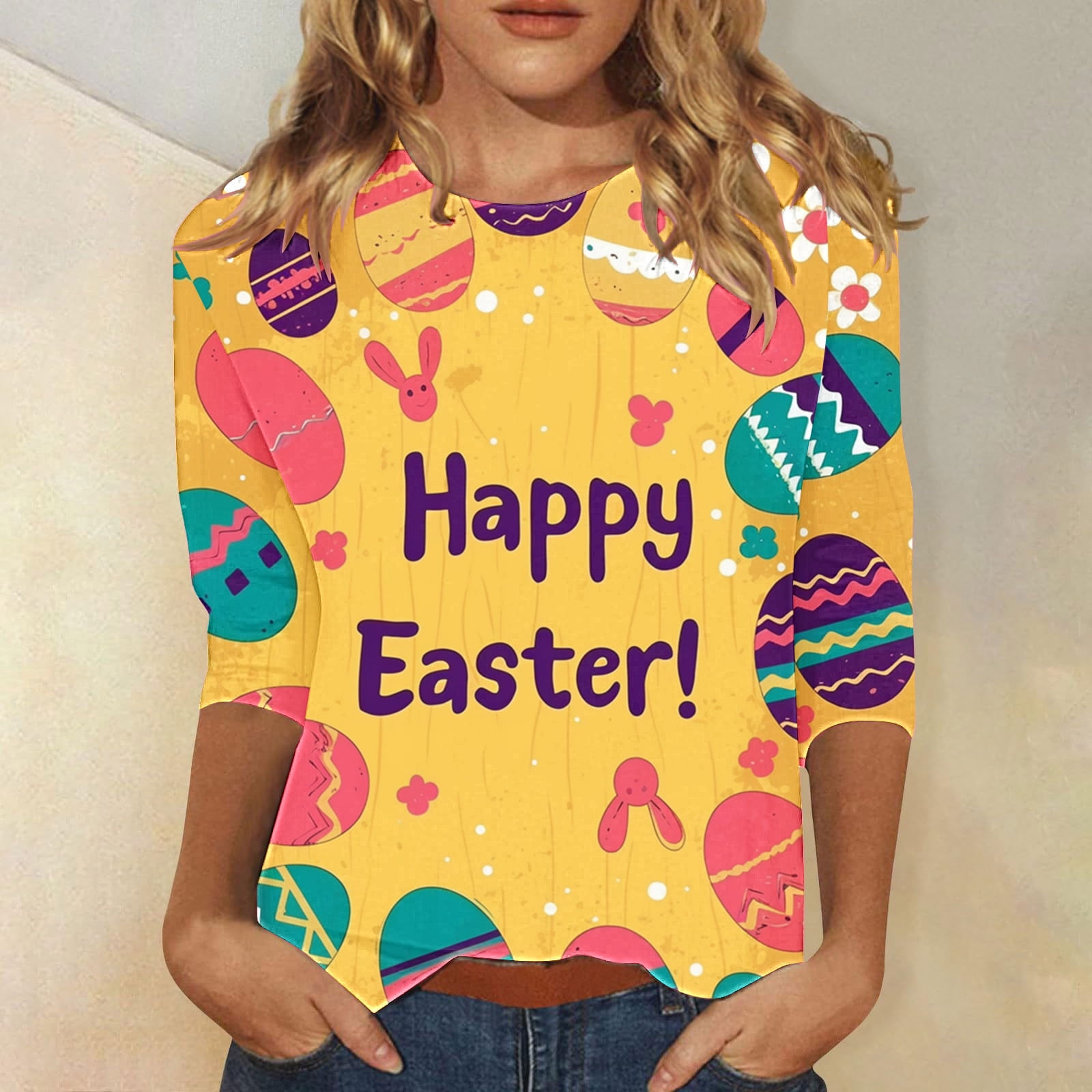 Cavosen Happy Easter Womens Tops 3/4 Sleeves Loose Fitting Eggs Letter ...