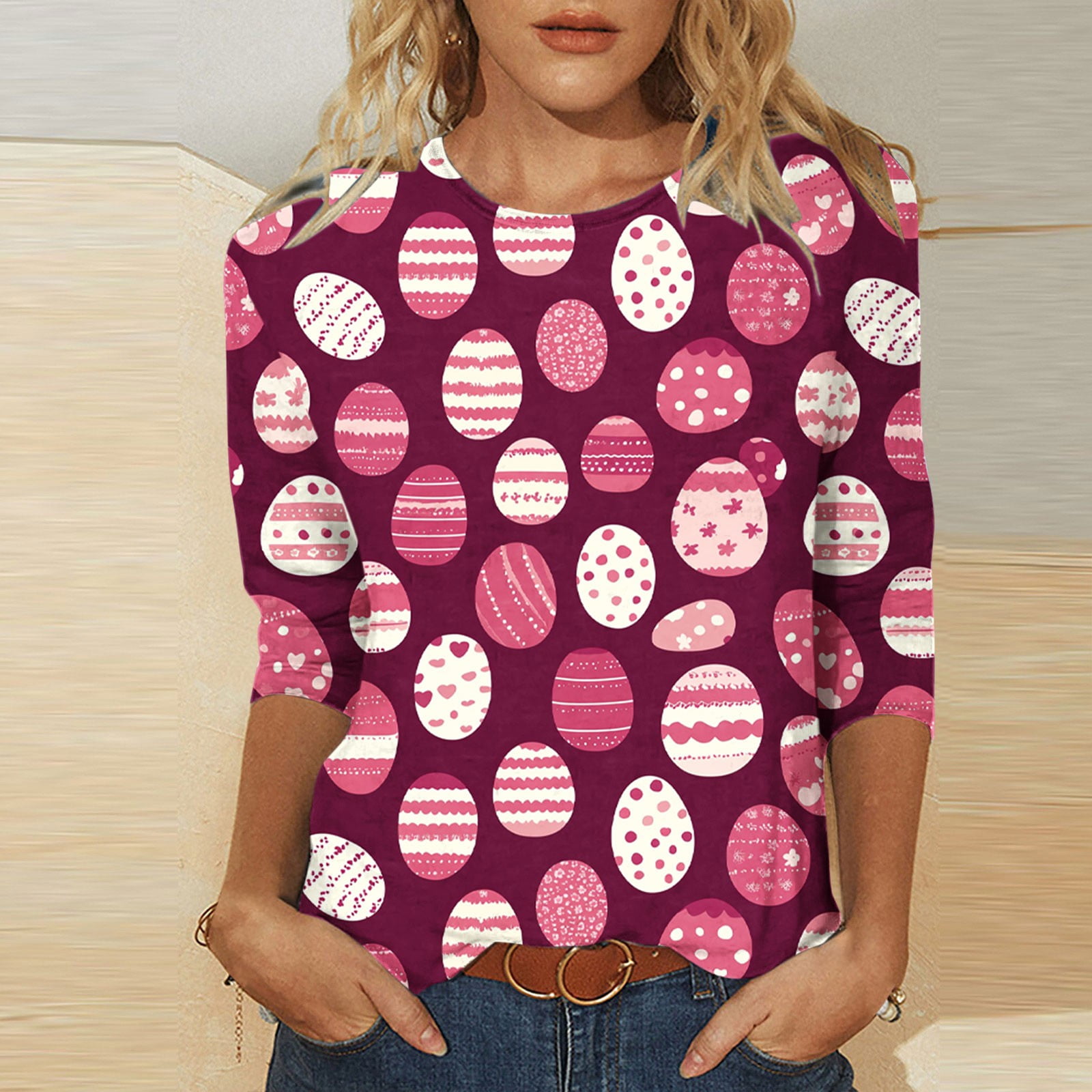 Cavosen Happy Easter Womens Tops Three Quarter Sleeve Length Eggs ...