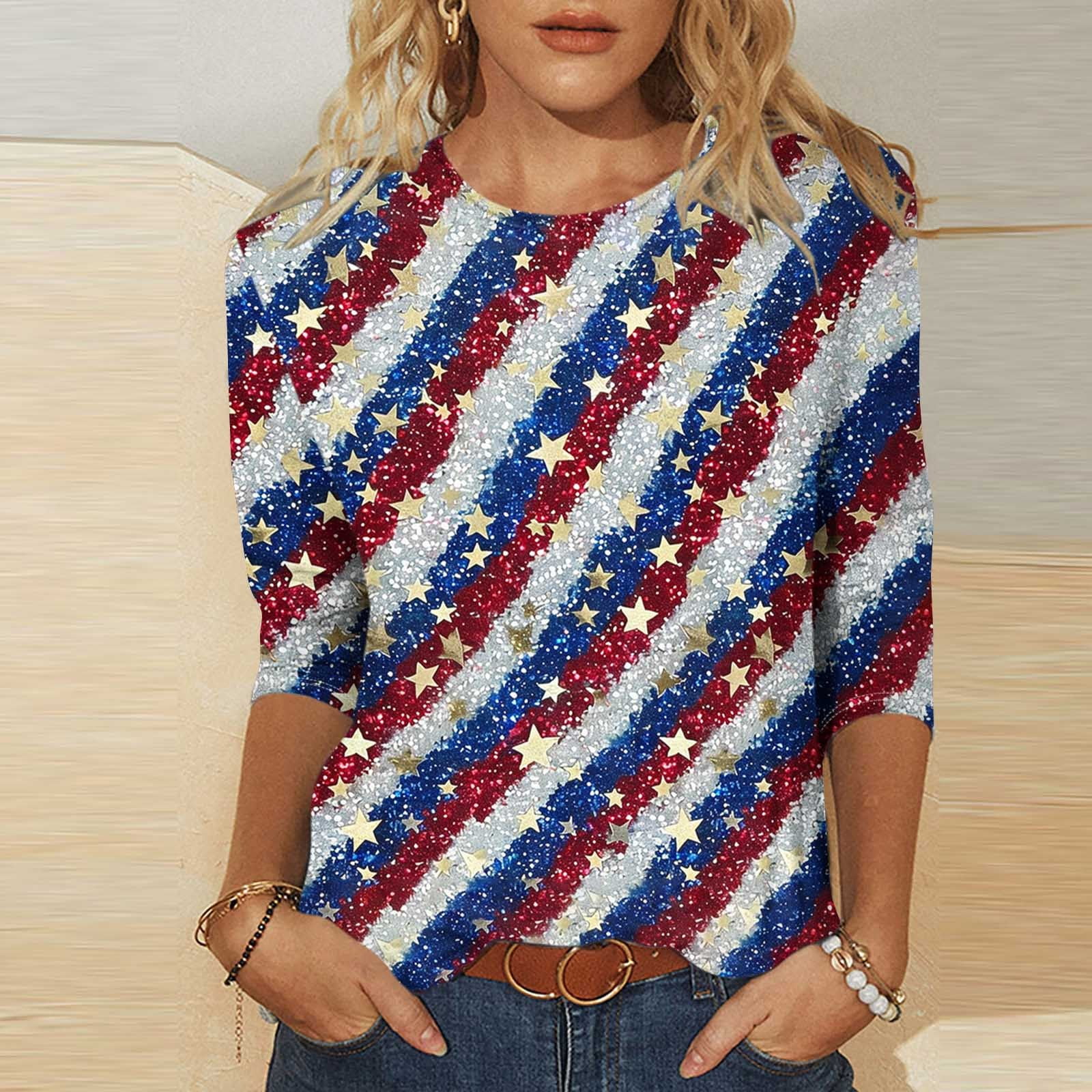 Cavosen Independence Day Clothes Women Petite Patriotic 3/4 Sleeve Crew ...