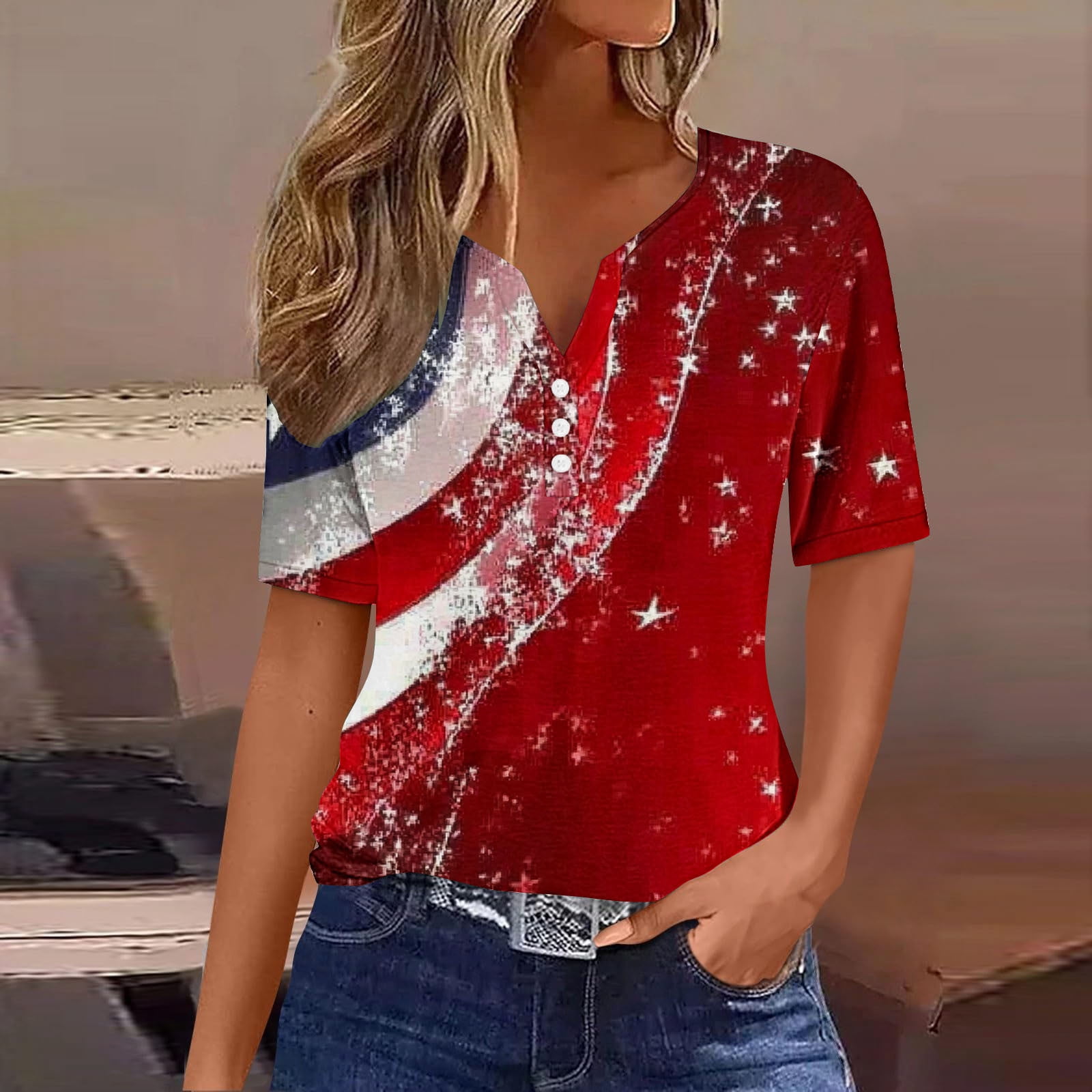 Cavosen Independence Day Clothes Women Petite Patriotic Short Sleeve V ...