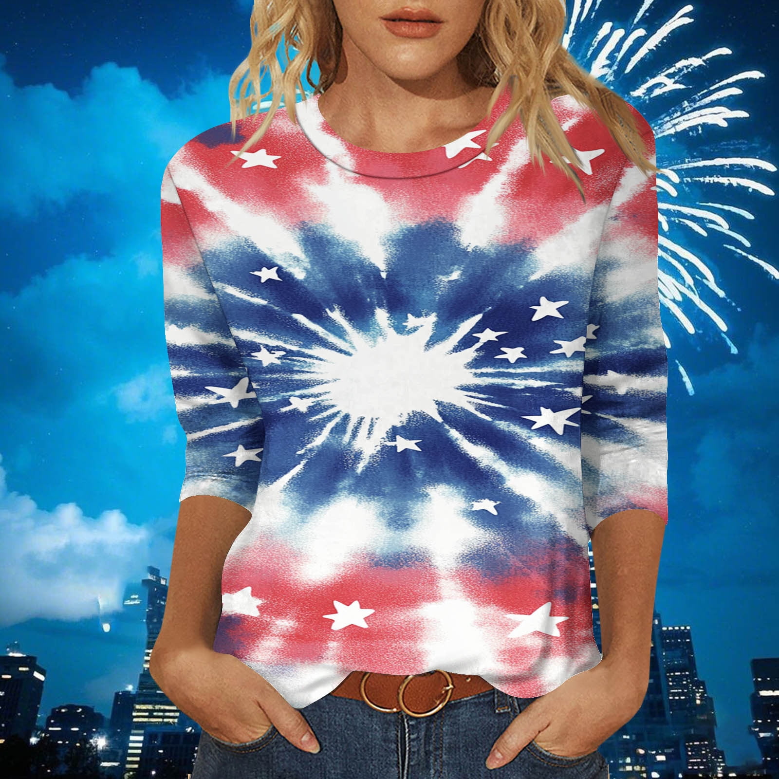 Cavosen Independence Day Clothes Women Petite Red White and Blue 3/4 ...