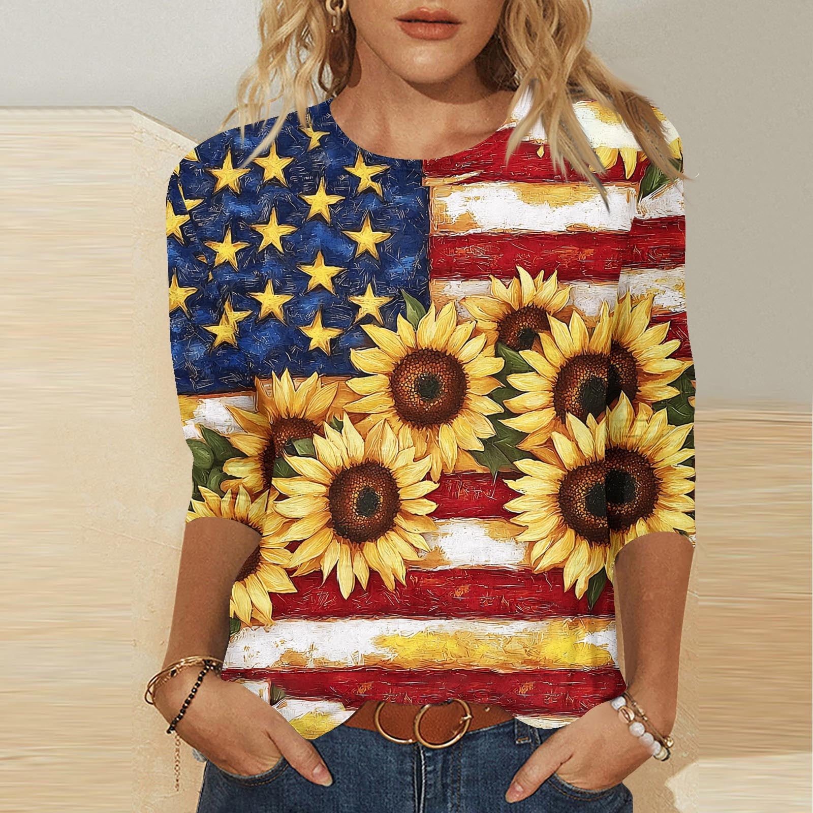 Cavosen Independence Day Clothes Women Plus Size Red White and Blue 3/4 ...