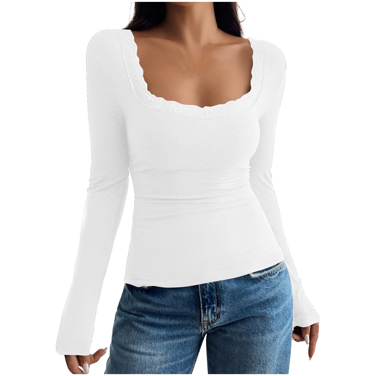Cavosen Lace Undershirt Long Sleeve Lace Crewneck Stretch Base Layer ...