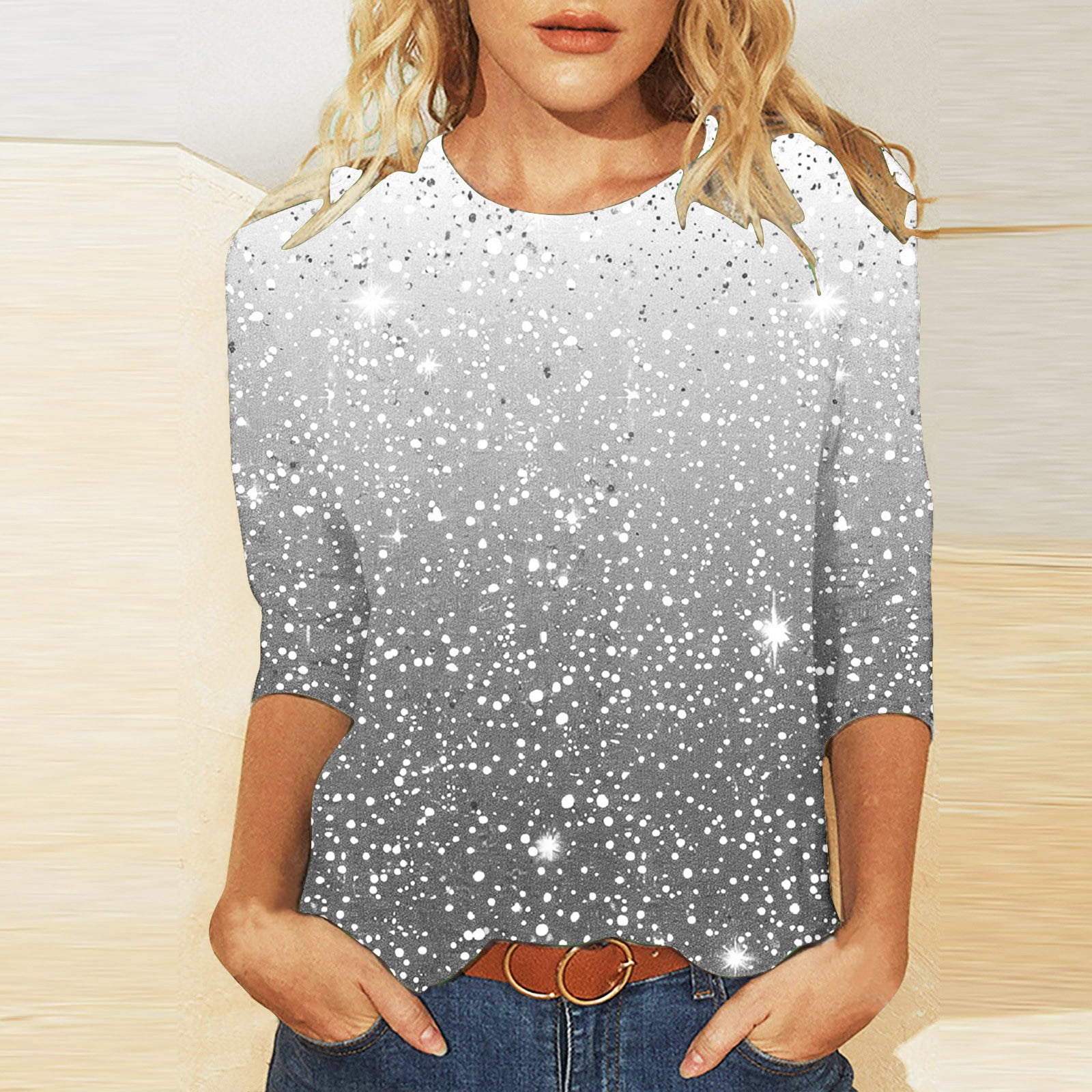 Cavosen Ladies Blouses 3/4 Sleeve Gradient Sparkly Glitter Shiny Print ...