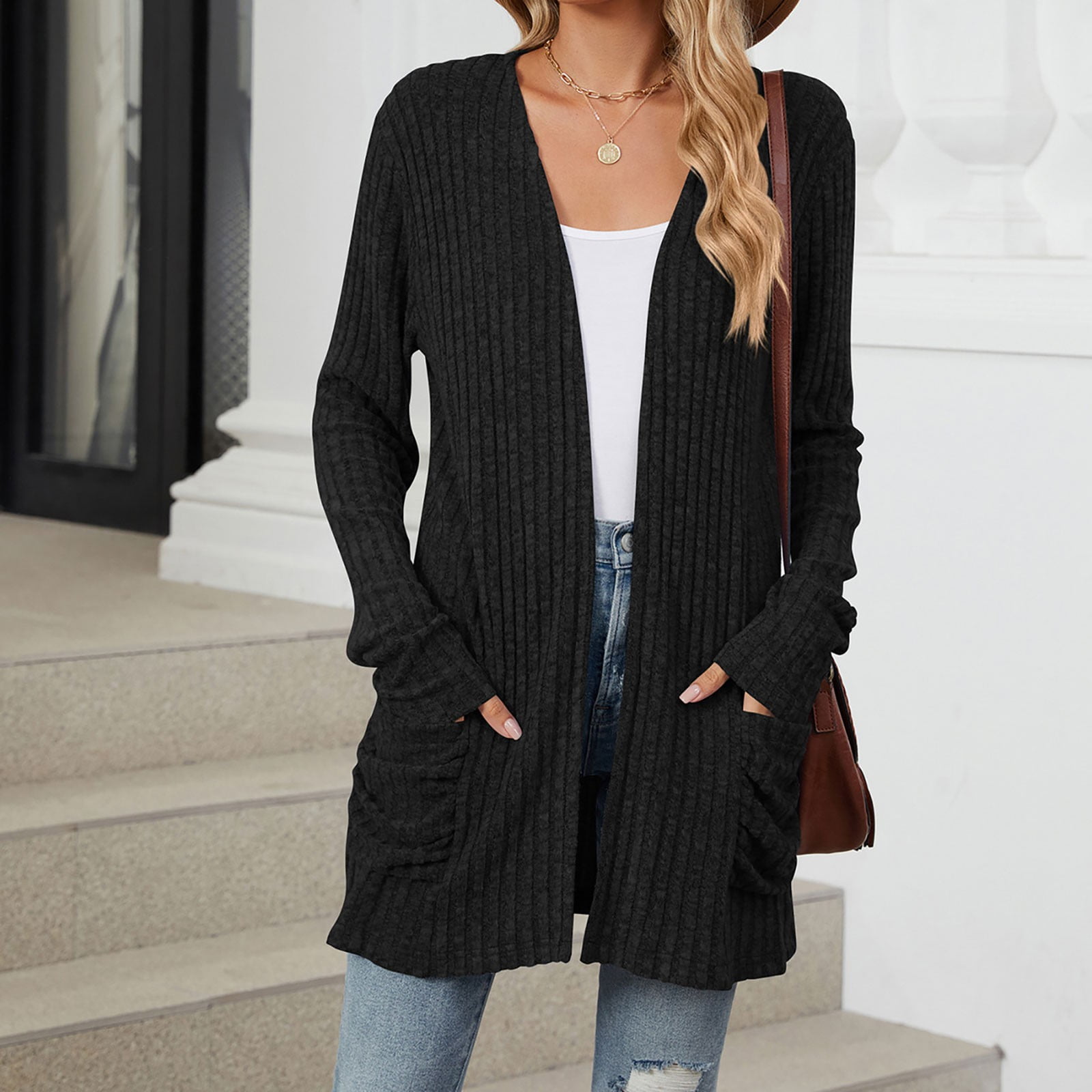 Cavosen Lightweight Cardigans for Women Cable Knit Solid Color Long Cardigan Long Sleeve Open ...