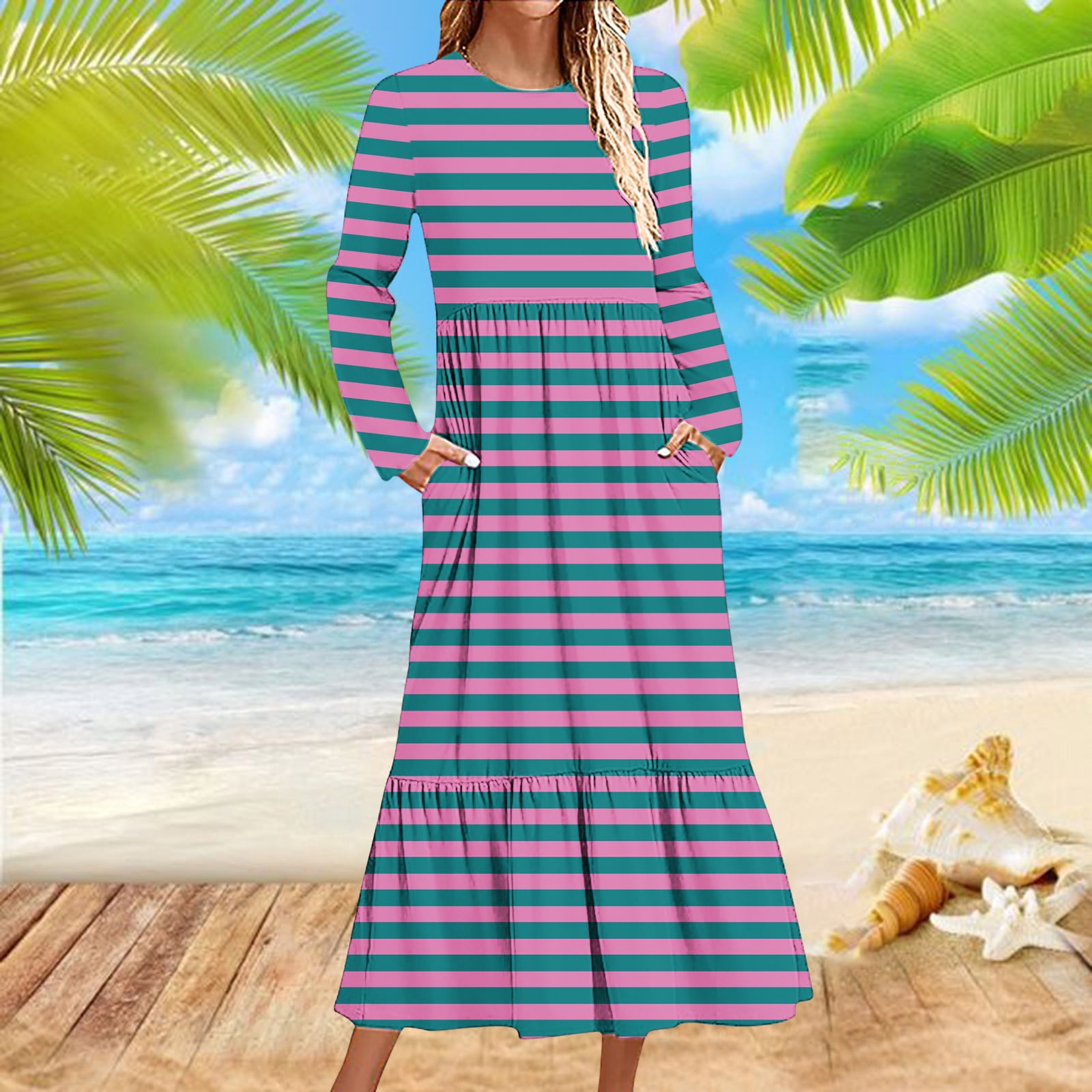 Cavosen Long Dresses for Women Long Sleeve Blue Maxi Dress Smocked ...