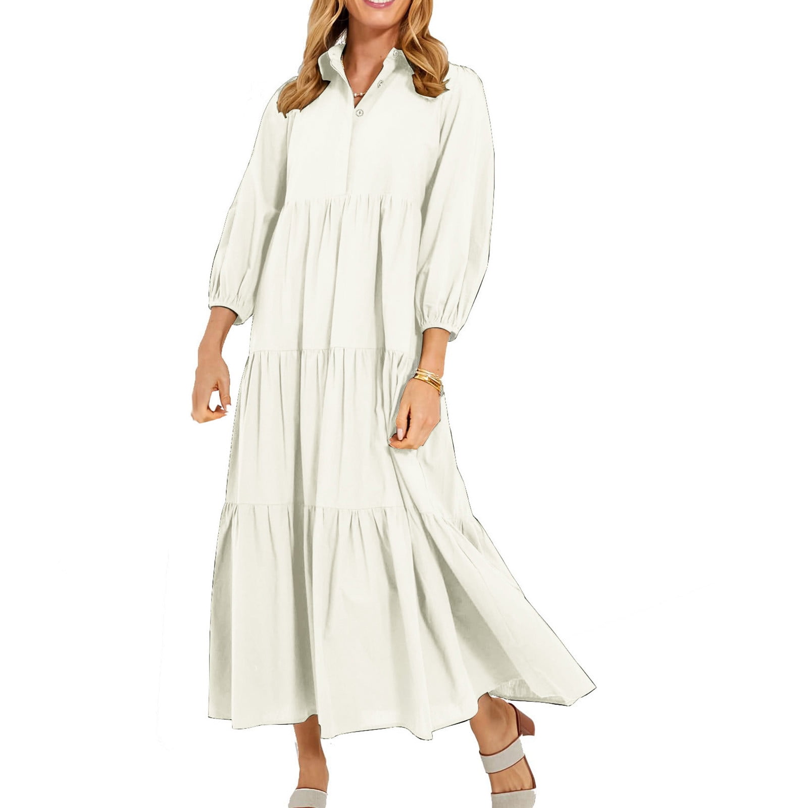 Cavosen Long Sleeve Dresses for Women Maxi Beige Puff Sleeve Trendy ...