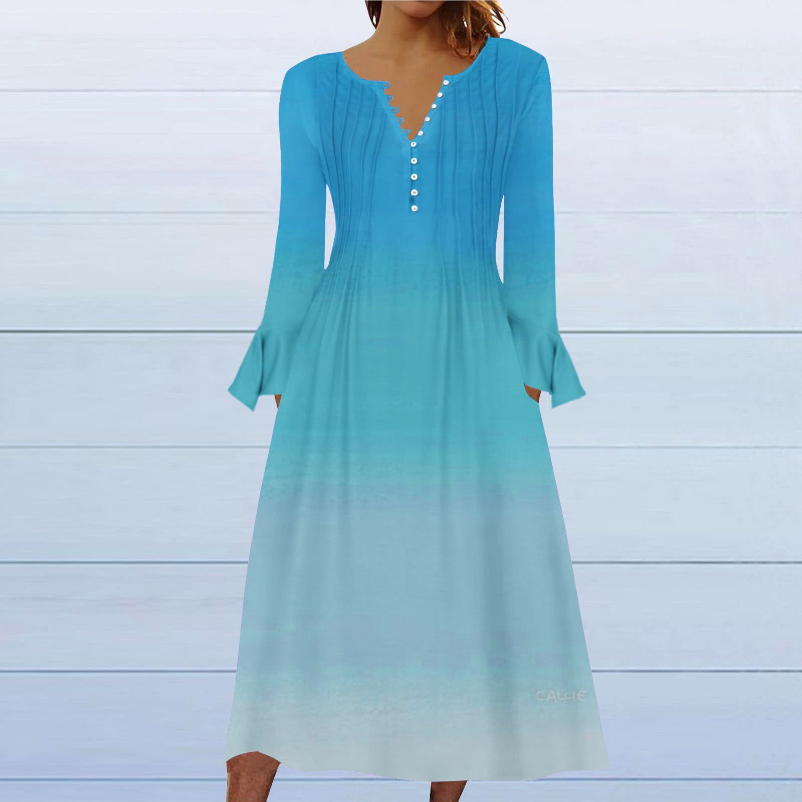 Cavosen Long Sleeve Maxi Dress Women Blue Bell Sleeve A-Line Dress ...